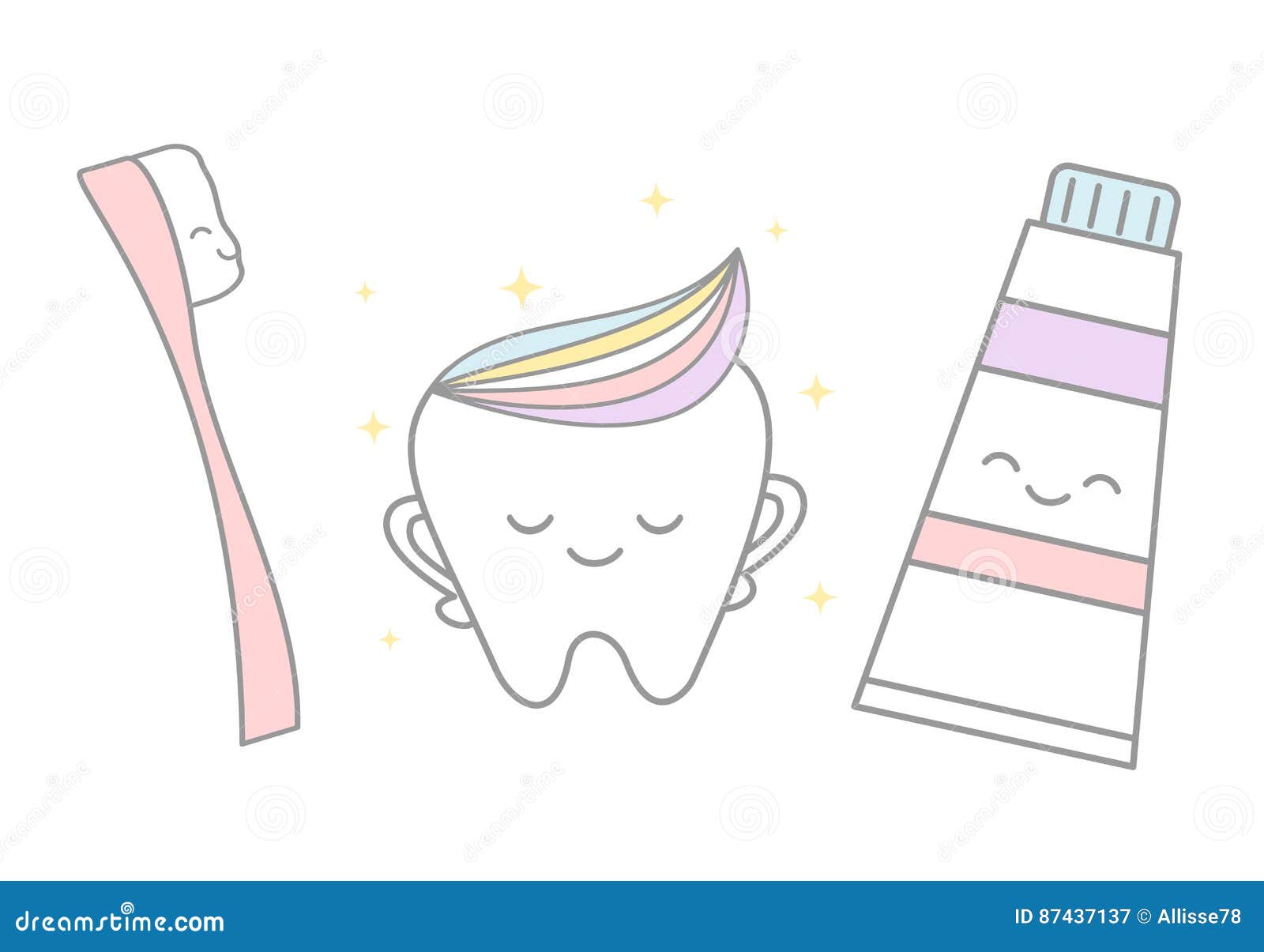 Cute Cartoon Tooth with Rainbow Toothpaste and Pink Tooth Brush ...