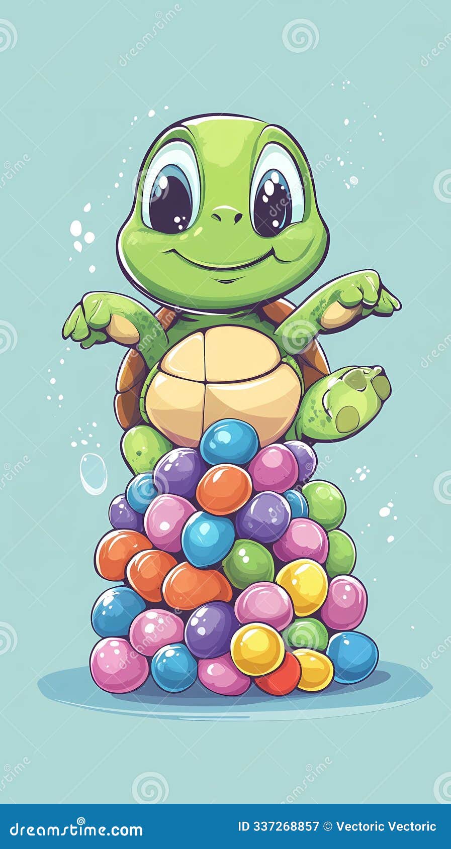 A Cute Cartoon Turtle Balancing on a Colorful Stack of Balls, Exuding ...