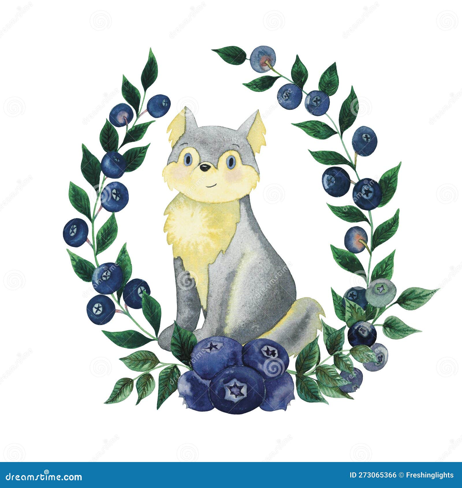 Cute Cartoon Watercolour Wolf with Blueberry Wreath Stock Illustration ...