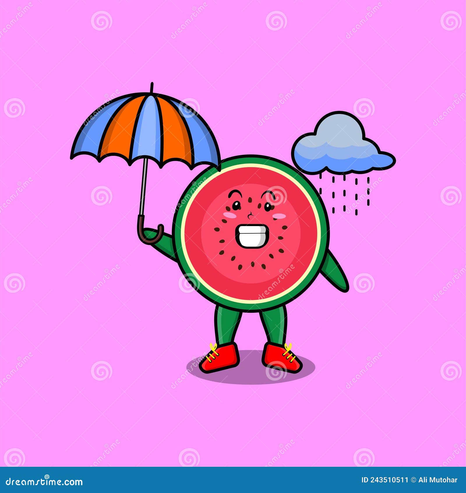Cute Cartoon Watermelon in Rain Using Umbrella Stock Vector ...