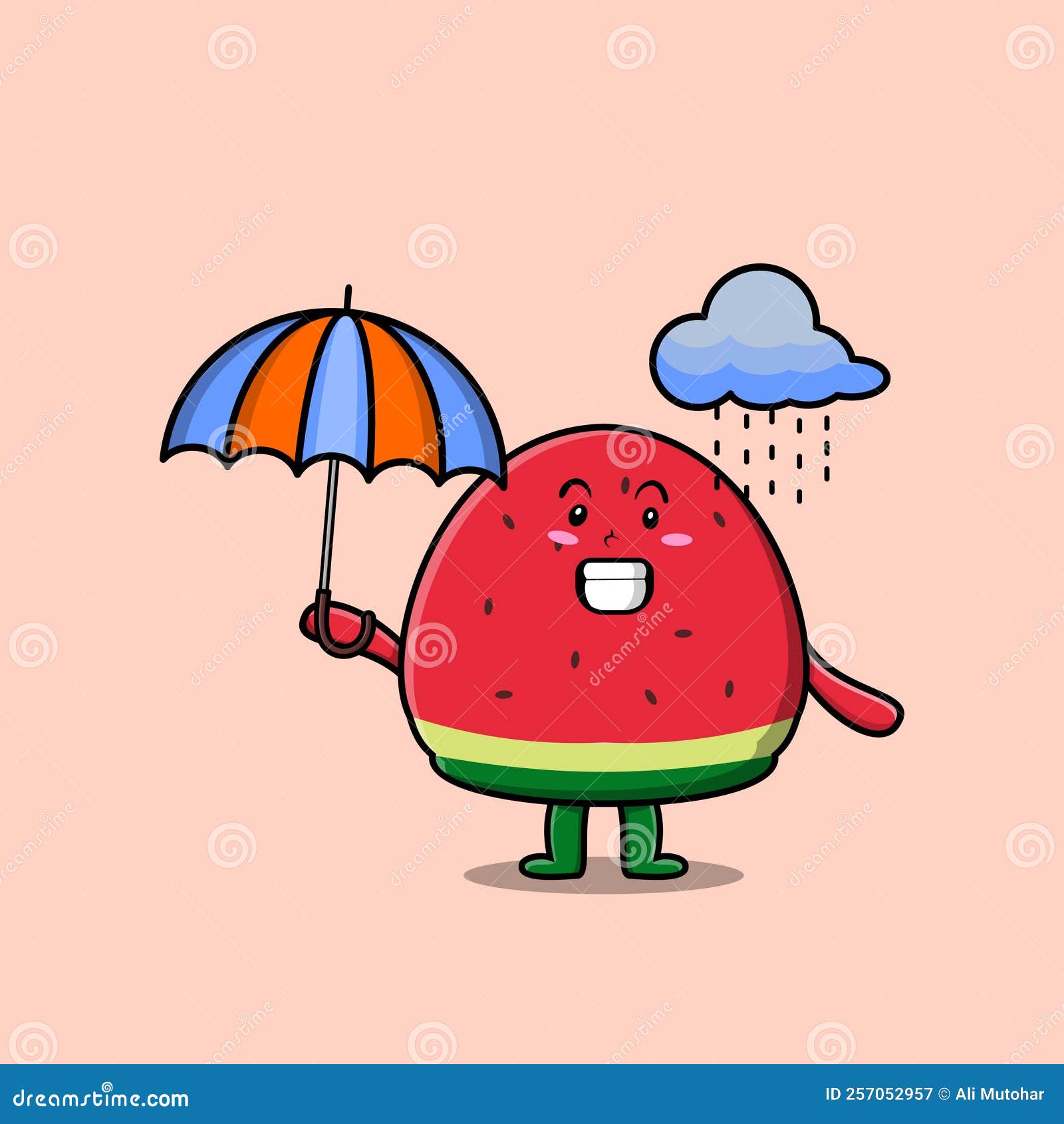 Cute Cartoon Watermelon in Rain and Using Umbrella Stock Vector ...