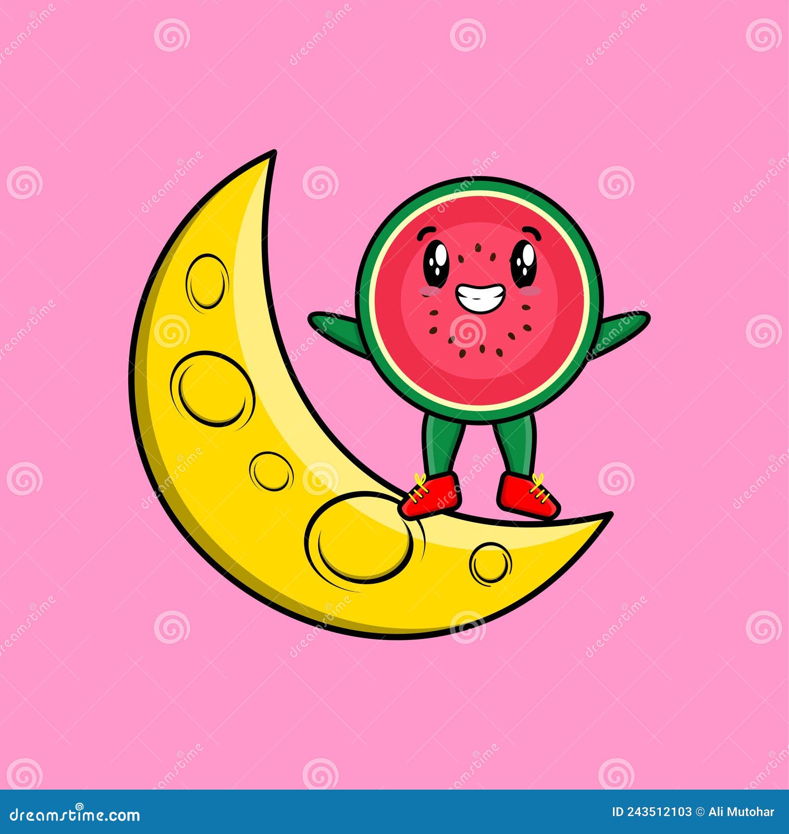 Cute Cartoon Watermelon Standing on Crescent Moon Stock Vector ...