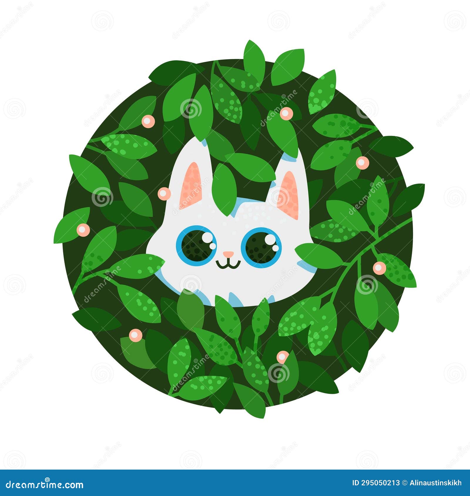 Cute Cartoon White Cat is Playing Hide in Foliage. Stock Vector ...