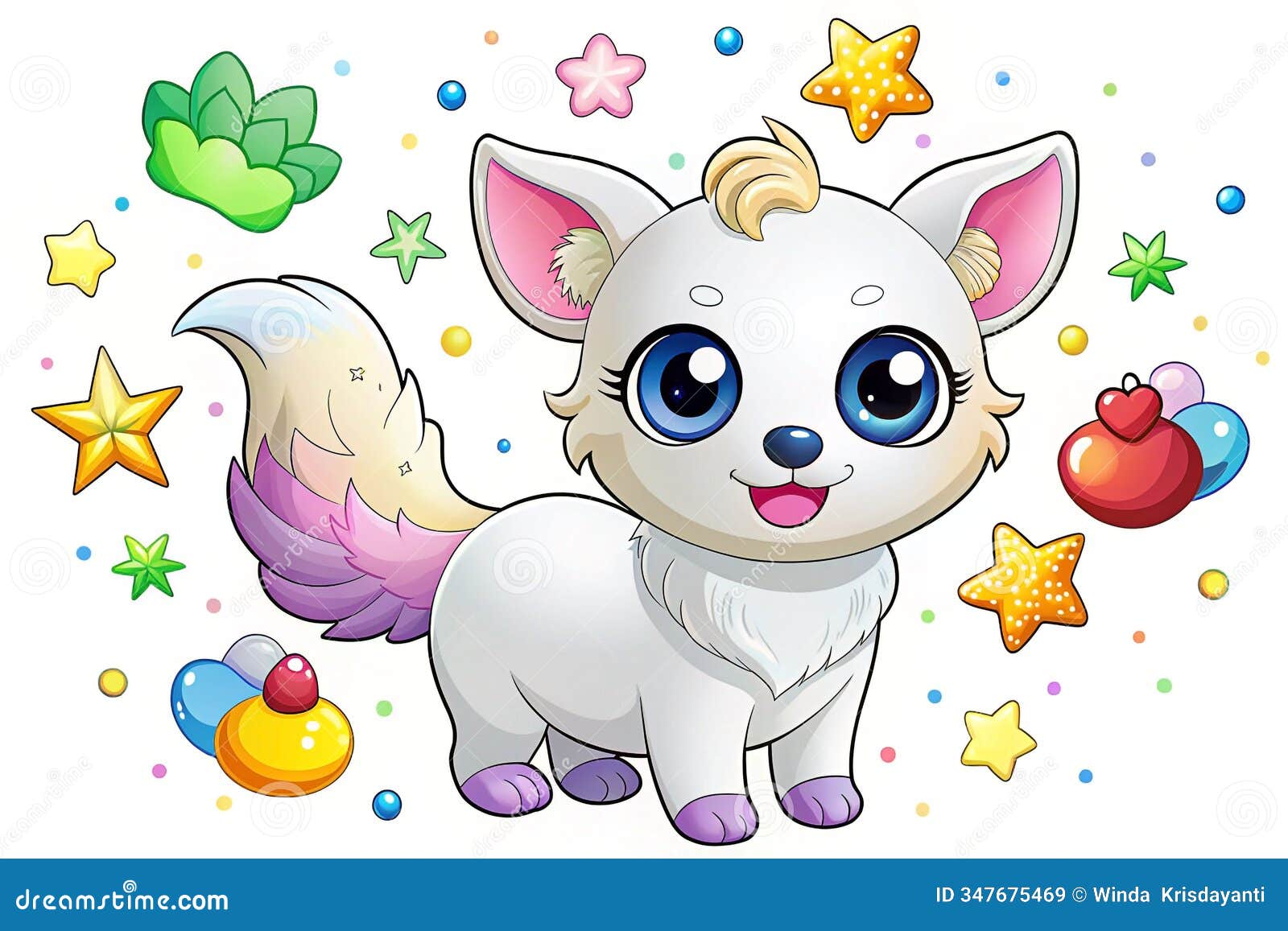 Cute Cartoon White Fox with Rainbow Tail and Magical Elements Stock ...