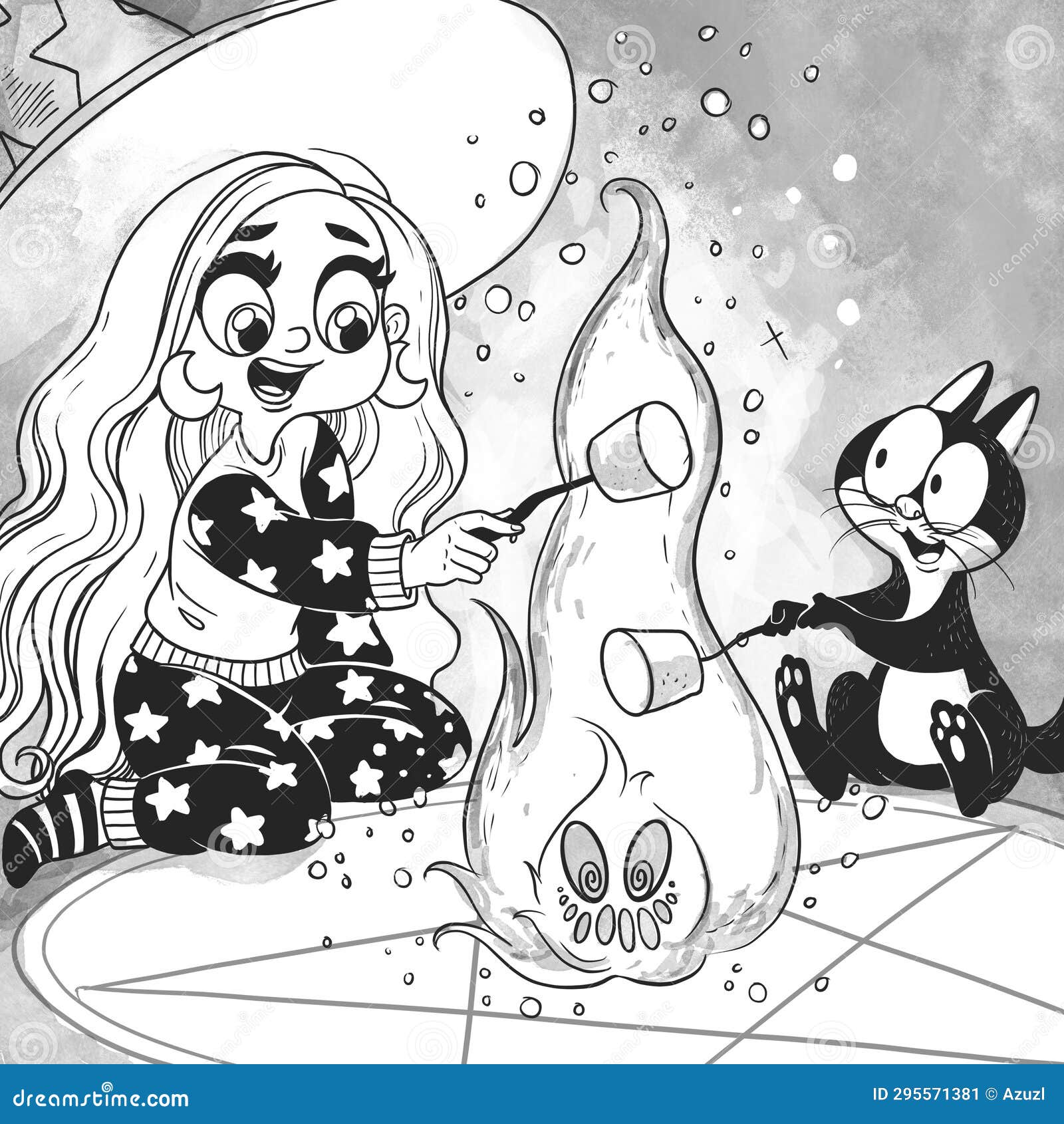 Cute Cartoon Witch and Cat Roast Marshmallows on the Fire of a Summoned ...