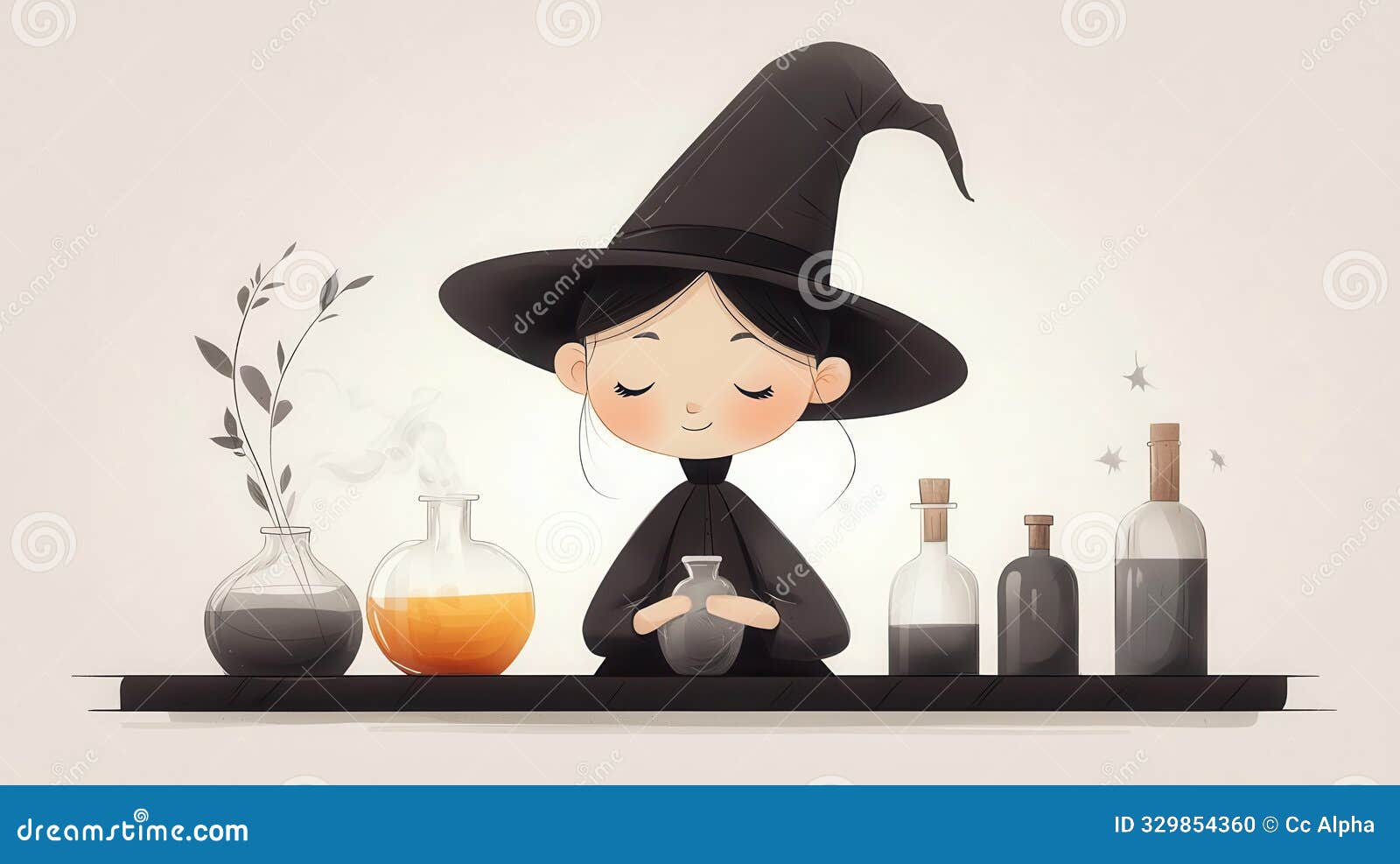 Cute Cartoon Witch Making Potion with Bottles and Herbs Stock ...