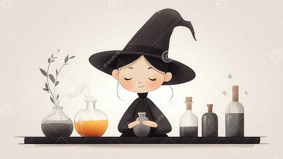 Cute Cartoon Witch Making Potion with Bottles and Herbs Stock ...