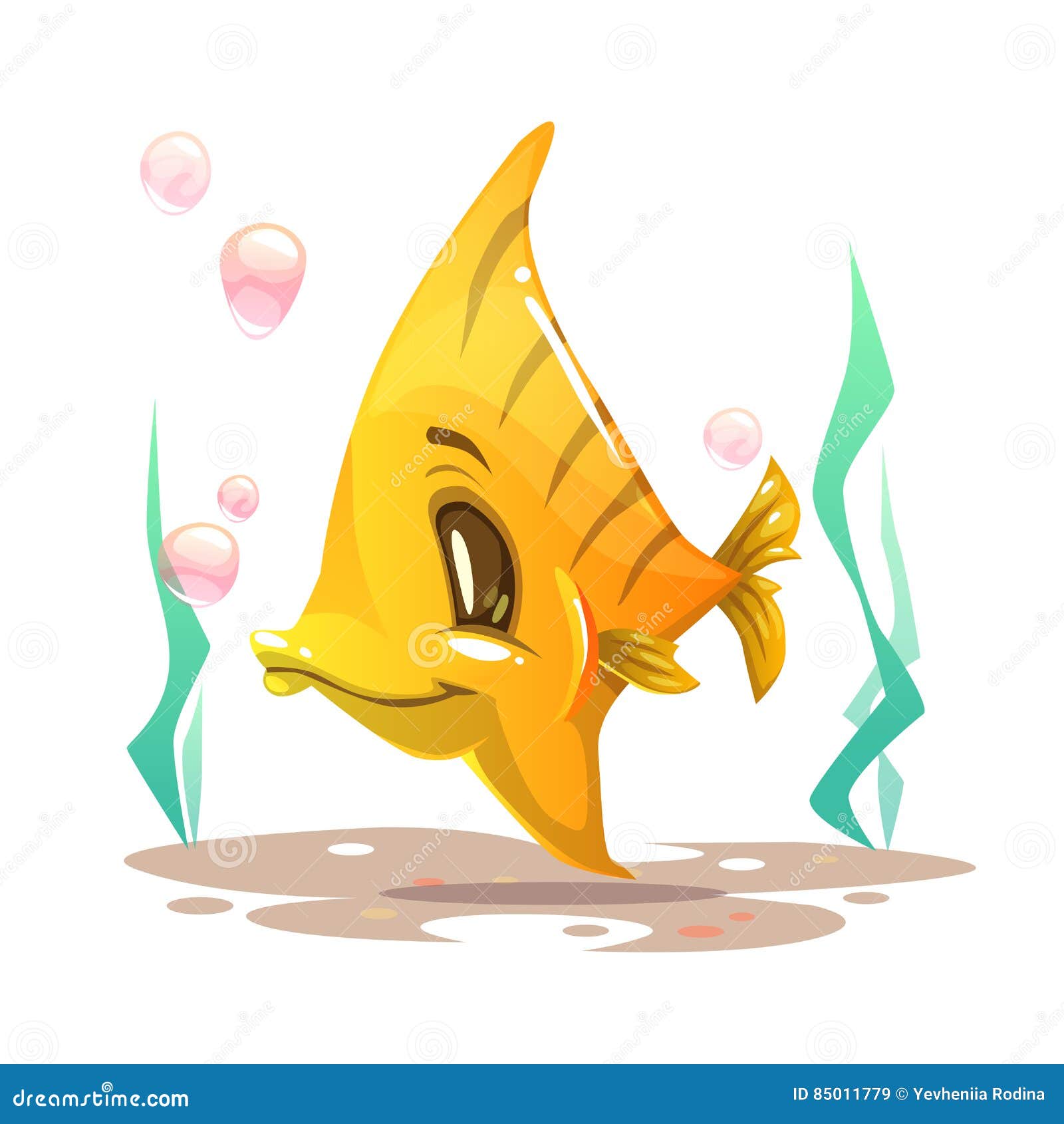 Cute Cartoon Yellow Fish on the Sea Bottom. Stock Vector - Illustration ...