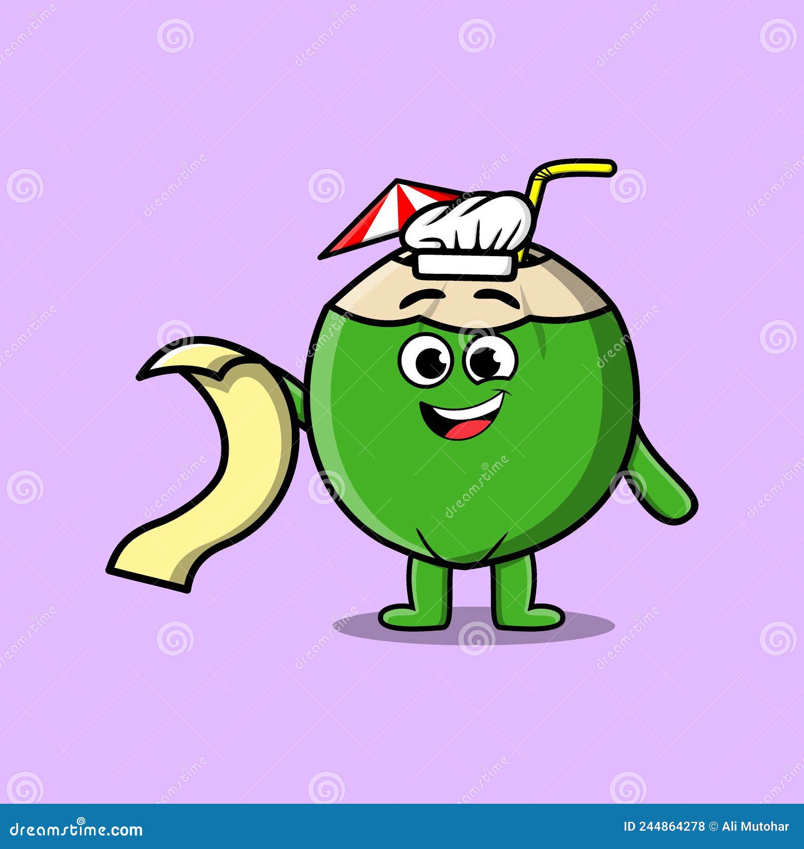Cute Cartoon Young Coconut Chef with Menu in Hand Stock Vector ...