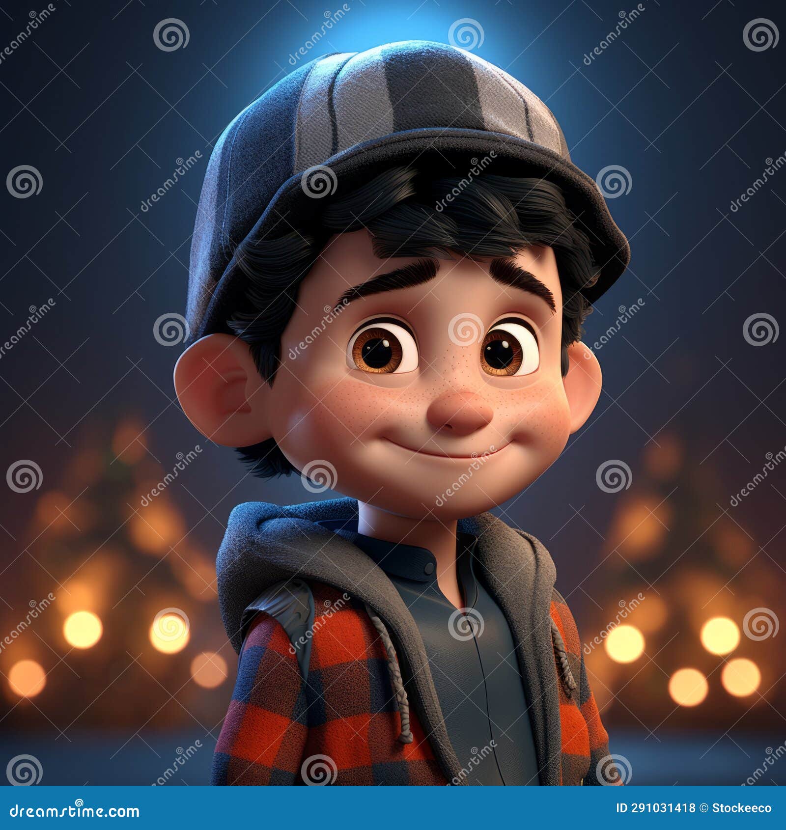 Cute Cartoonish Boy in Plaid Jacket and Hat with Soft Lighting Stock ...