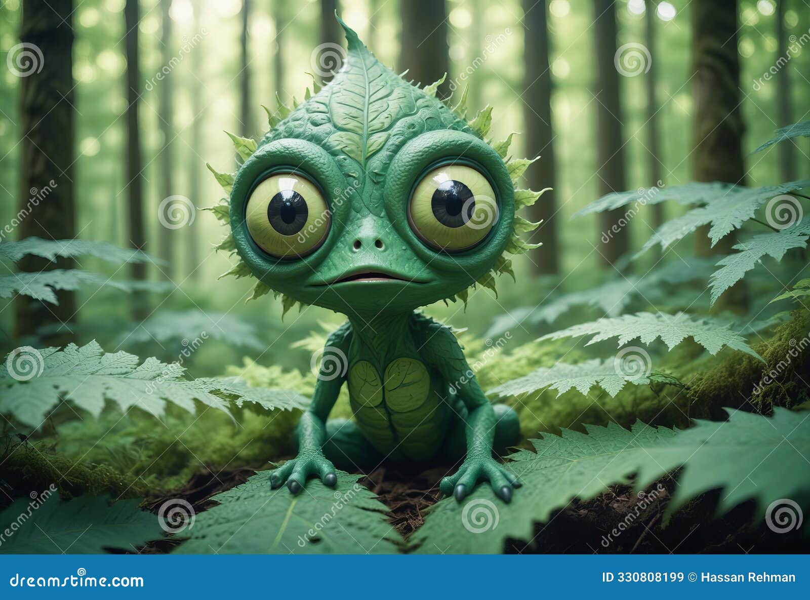 A Cute, Cartoonish Green Creature with Large Eyes Stock Illustration ...