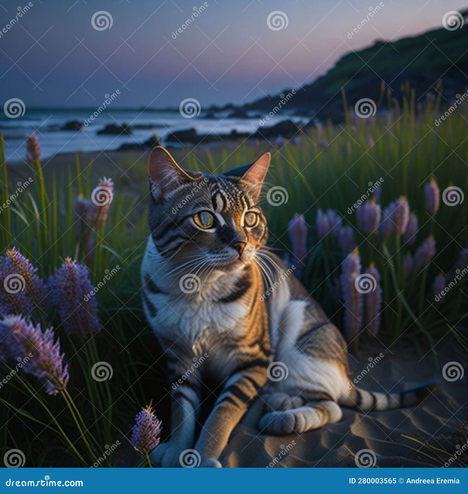 Cute cat on the beach stock illustration. Illustration of nature ...