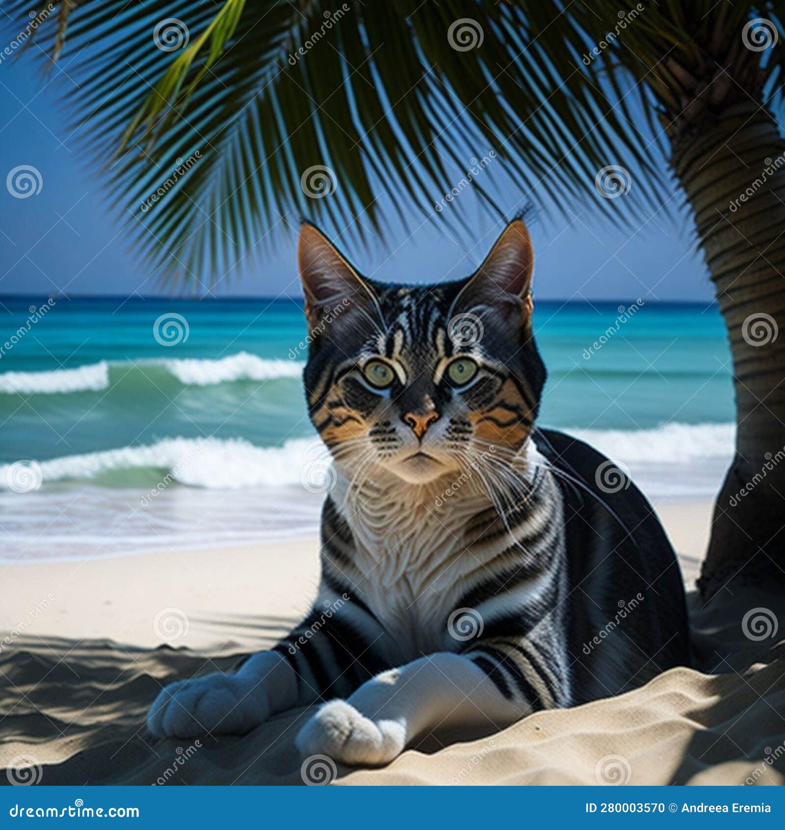 Cute cat on the beach stock illustration. Illustration of oceanic ...
