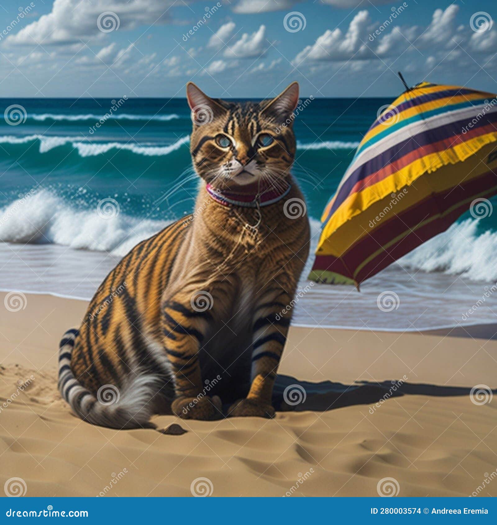 Cute cat on the beach stock illustration. Illustration of blue - 280003574