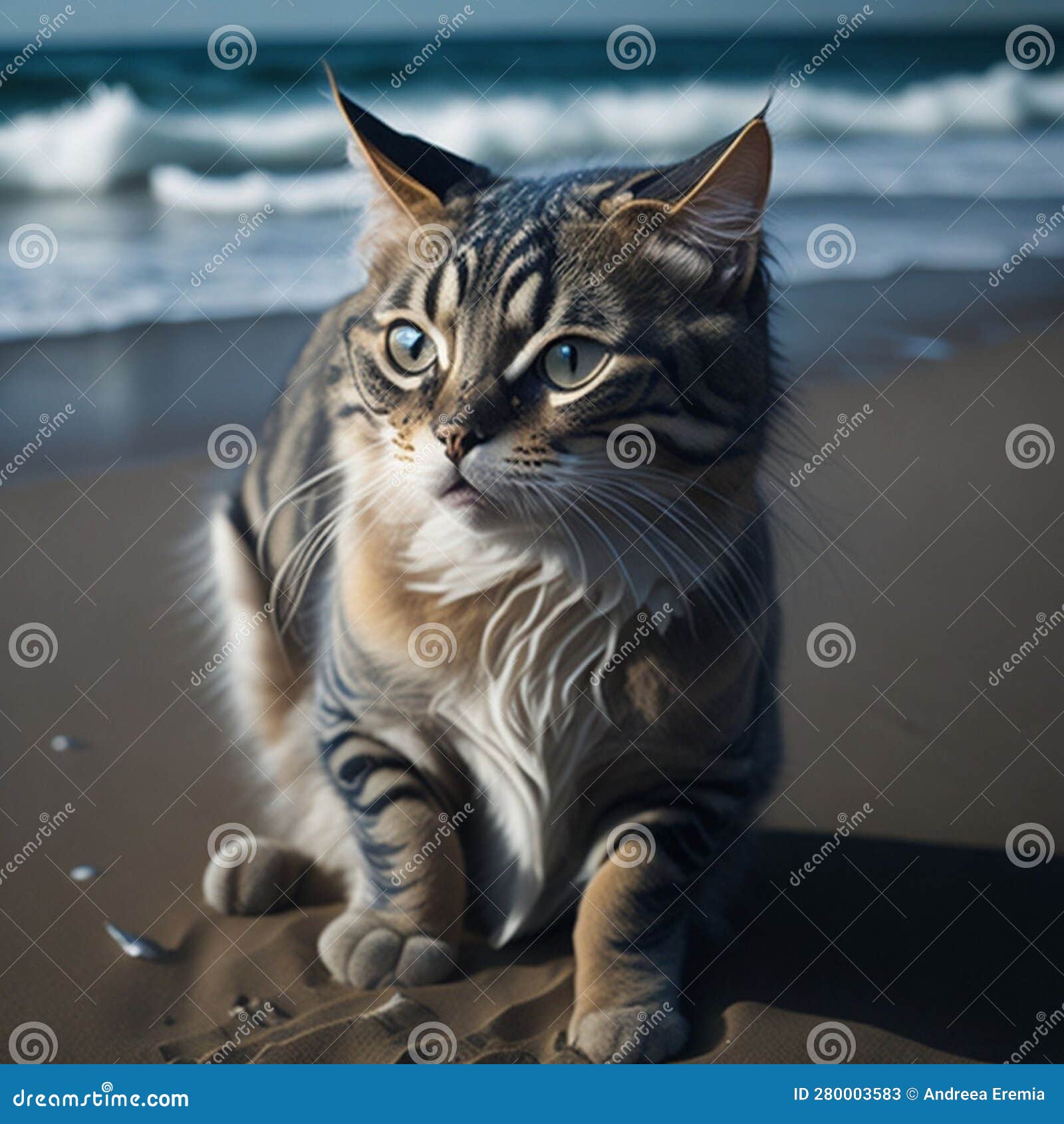 Cute cat on the beach stock illustration. Illustration of coastal ...
