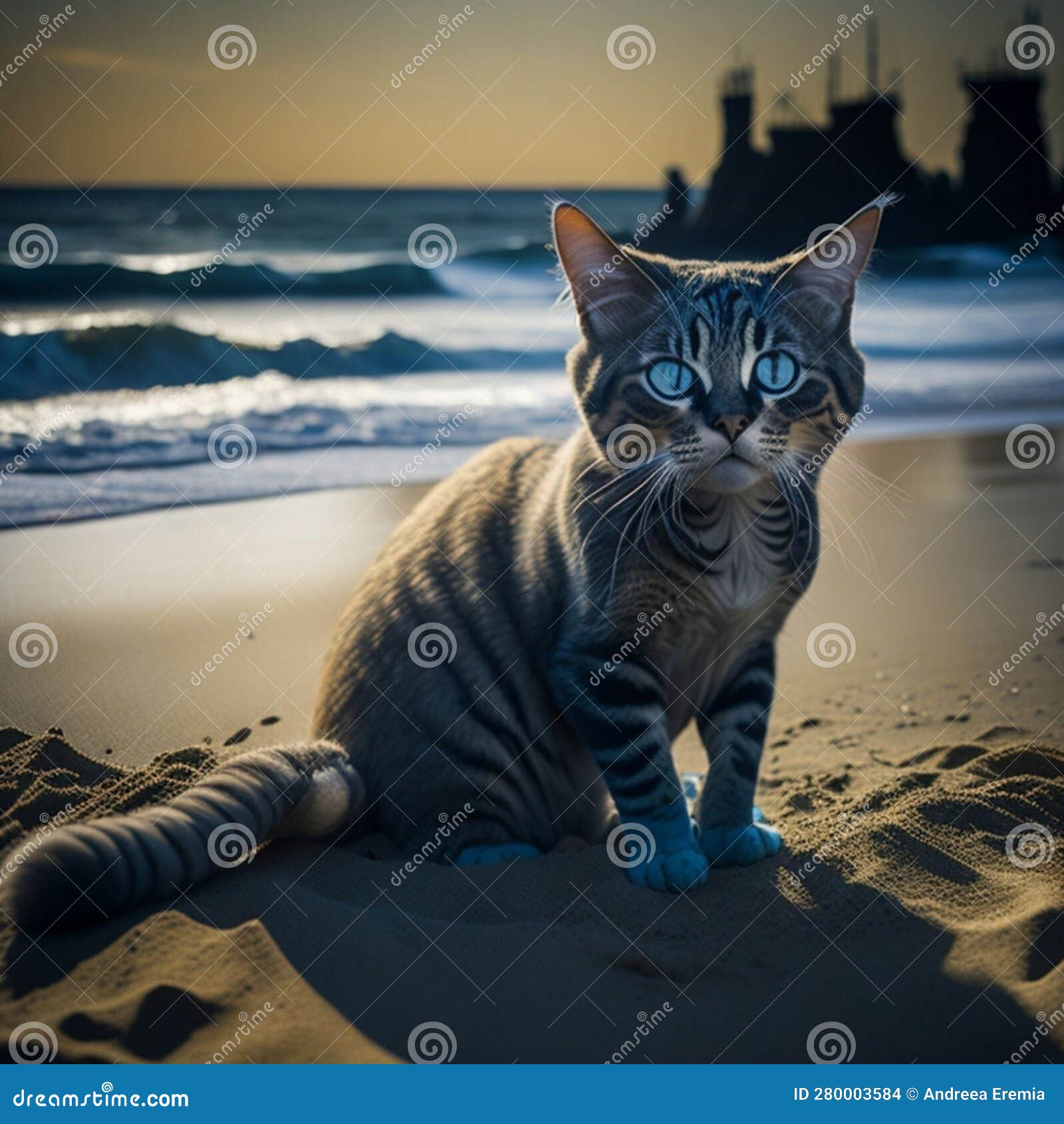 Cute cat on the beach stock illustration. Illustration of animal ...