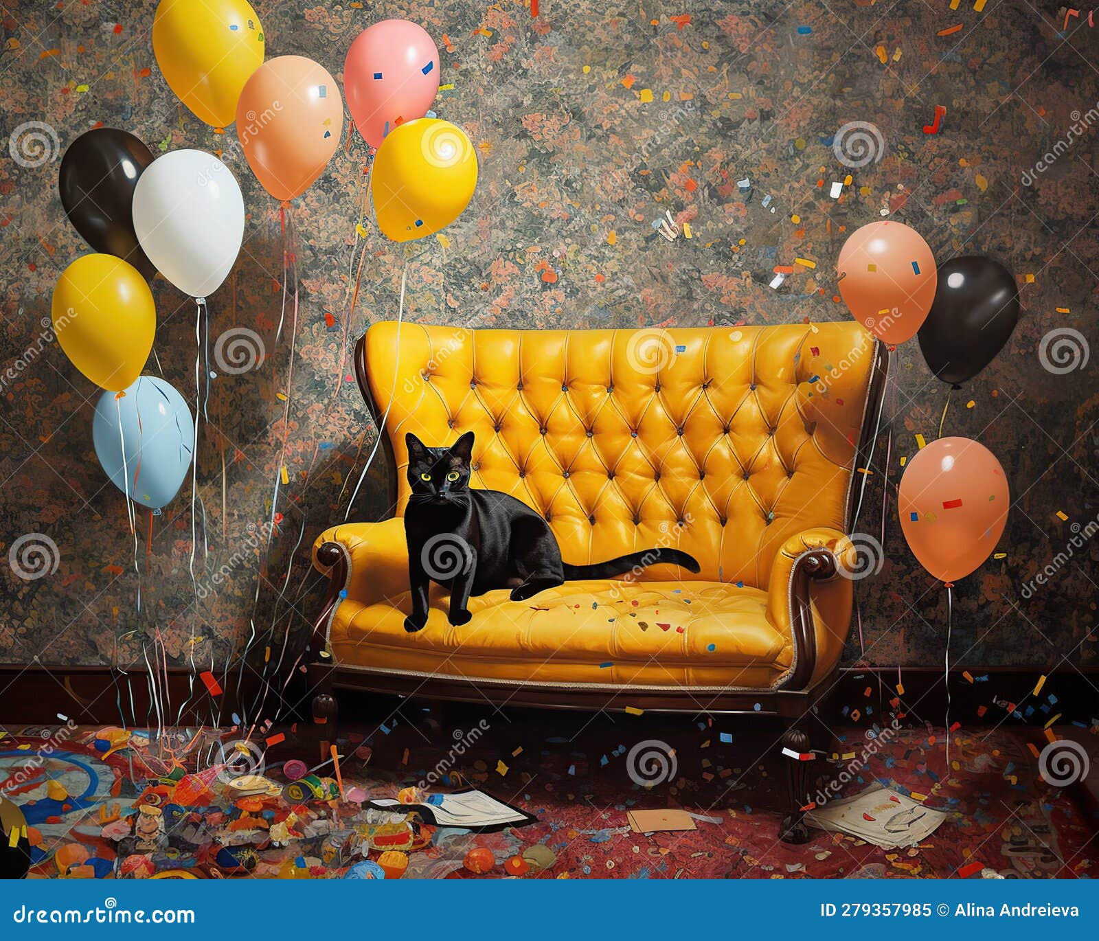 Cute Cat with Birthday Balloons and Decorations on Yellow Couch Stock ...