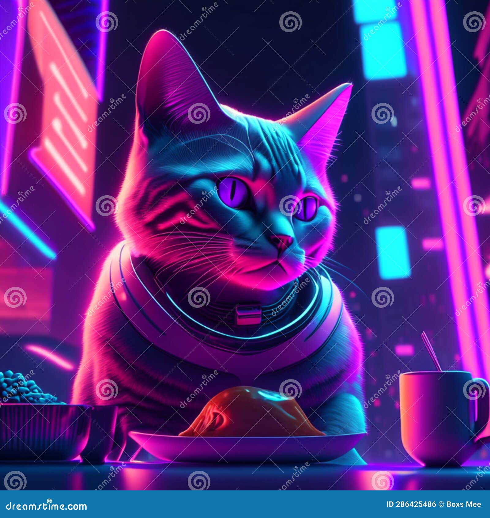 Cute Cat With Blue Eyes Sits At Table With Plate Of Food In Neon Light