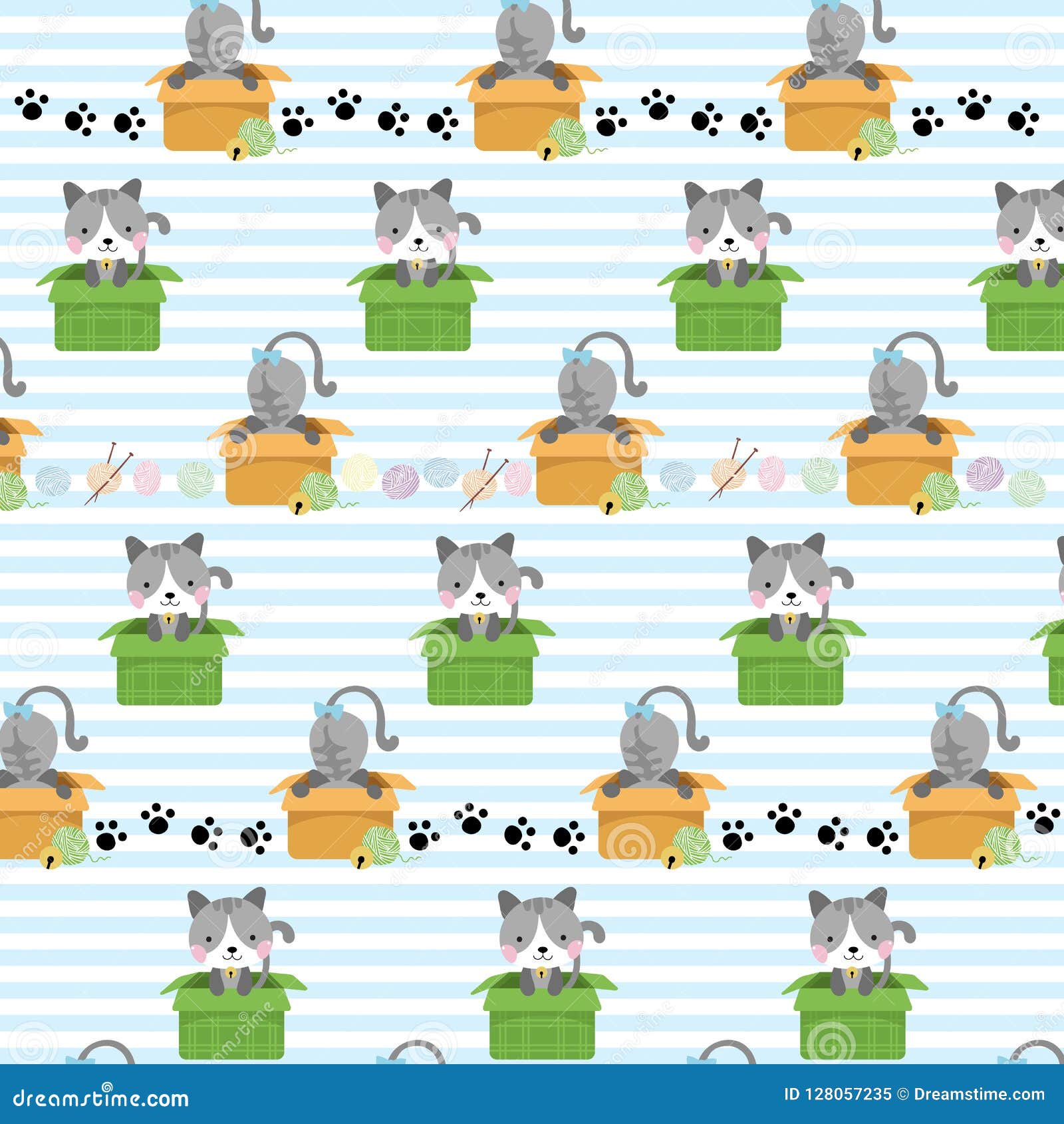 Cute Cat in Box Vector Seamless Pattern Stock Illustration ...
