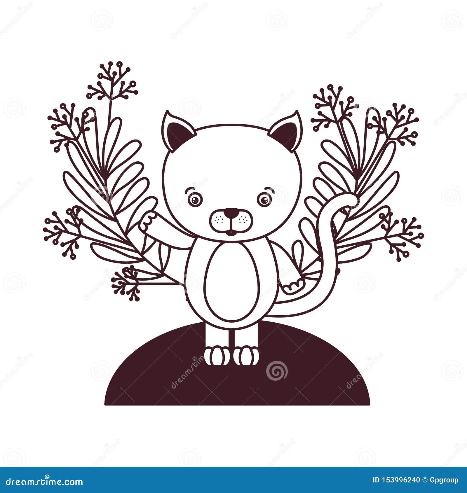 Cute Cat with Branch and Leaves of Background Stock Vector ...
