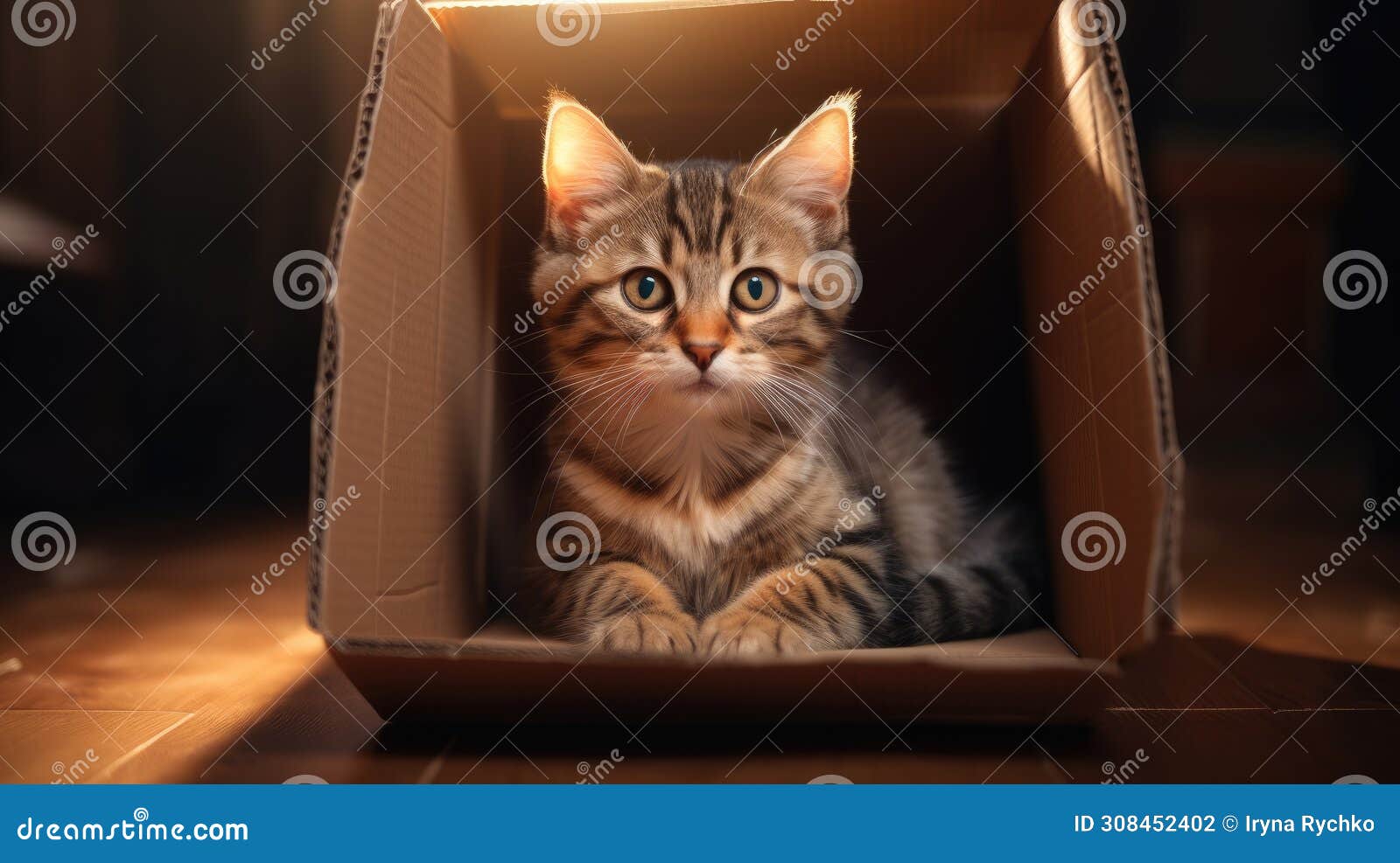 Cute Cat in Cardboard Box on Floor Stock Photo - Image of animal ...