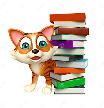 Cute Cat Cartoon Character Book Stack Stock Illustration - Illustration ...