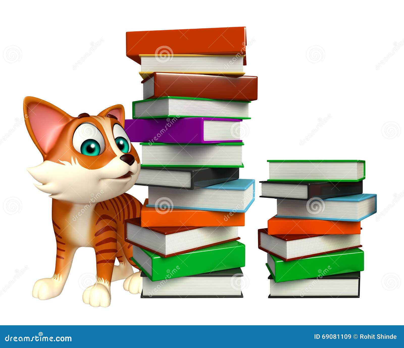 Cute Cat Cartoon Character Book Stack Stock Illustration - Illustration ...