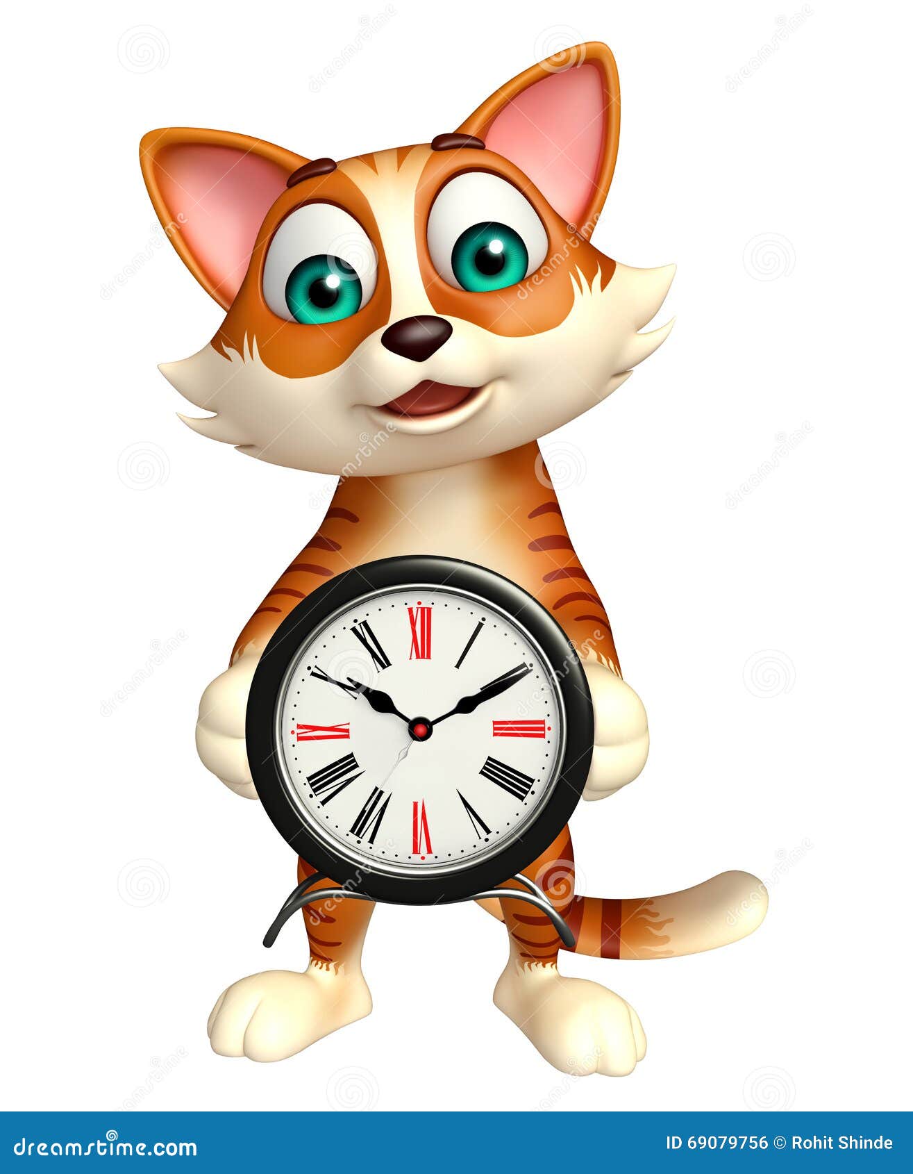 Cute Cat Cartoon Character with Clock Stock Illustration - Illustration ...
