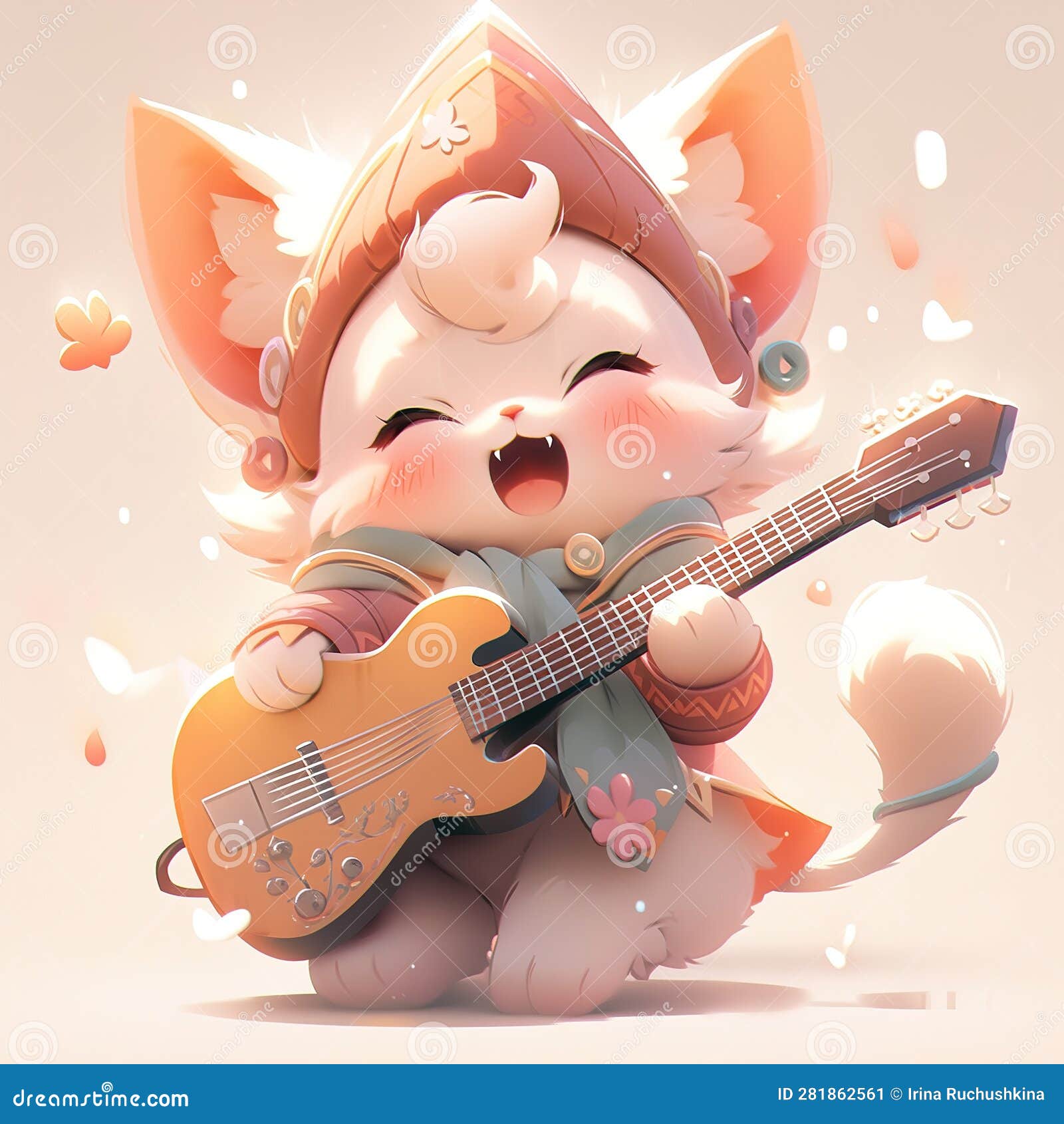 Cute Cat Cartoon Playing Guitar. Illustration. Generative AI Stock ...