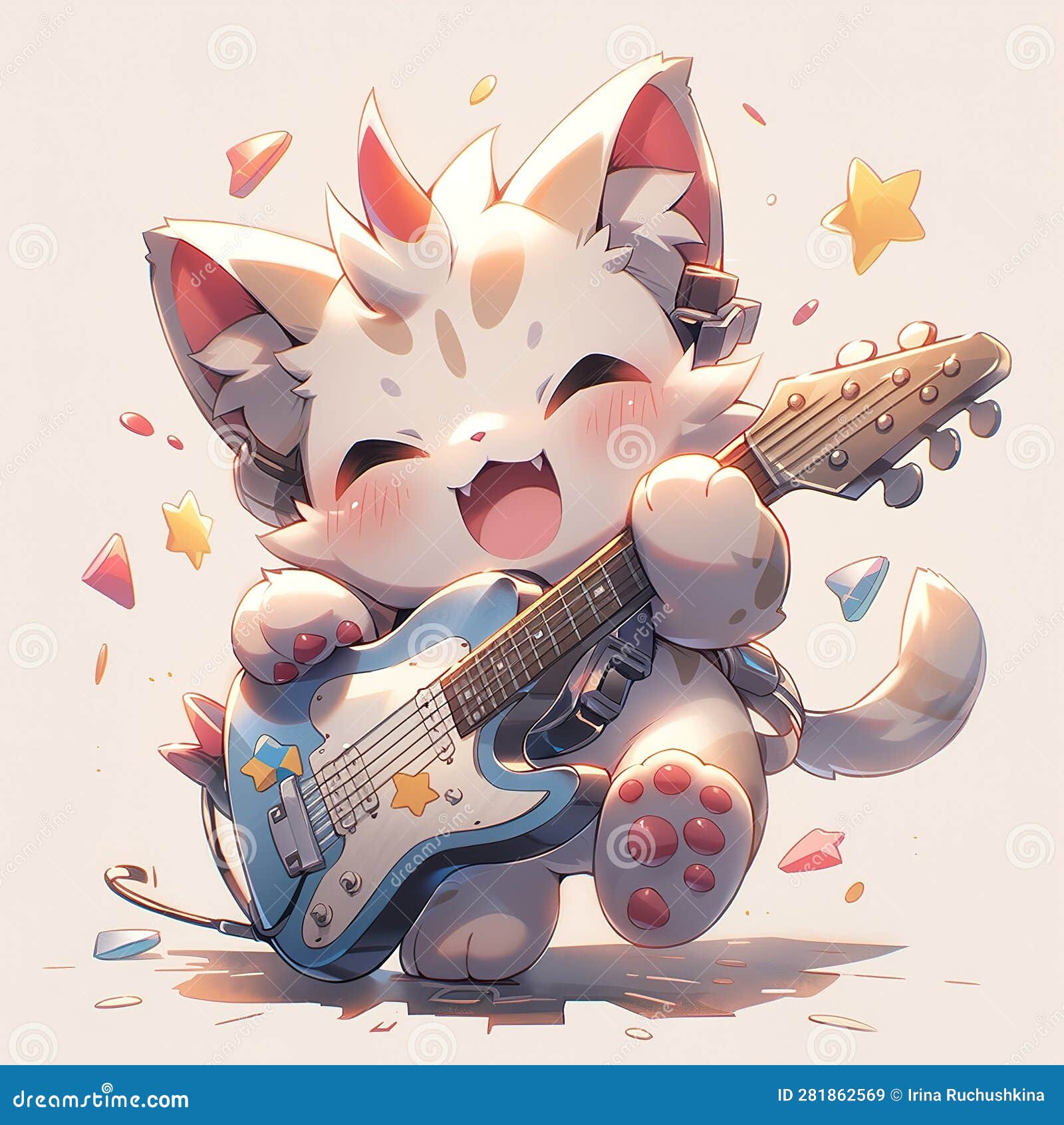 Cute Cat Cartoon Playing Guitar. Illustration. Generative AI Stock ...