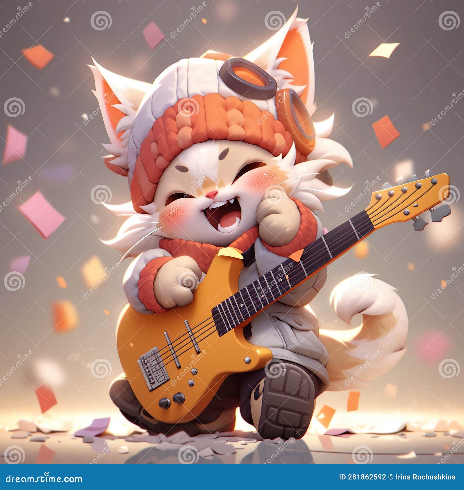 Cute Cat Cartoon Playing Guitar. Illustration. Generative AI Stock ...
