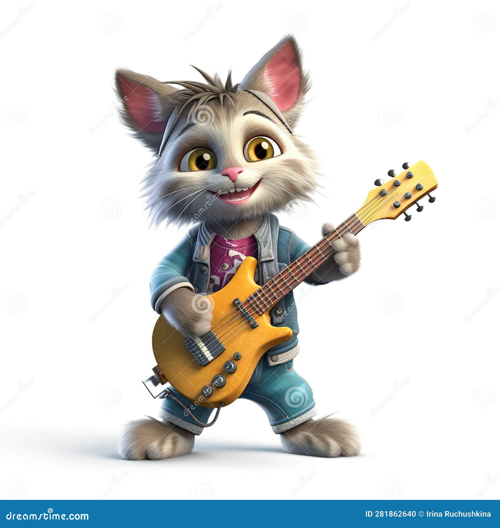 Cute Cat Cartoon Playing Guitar. Illustration. Generative AI Stock ...