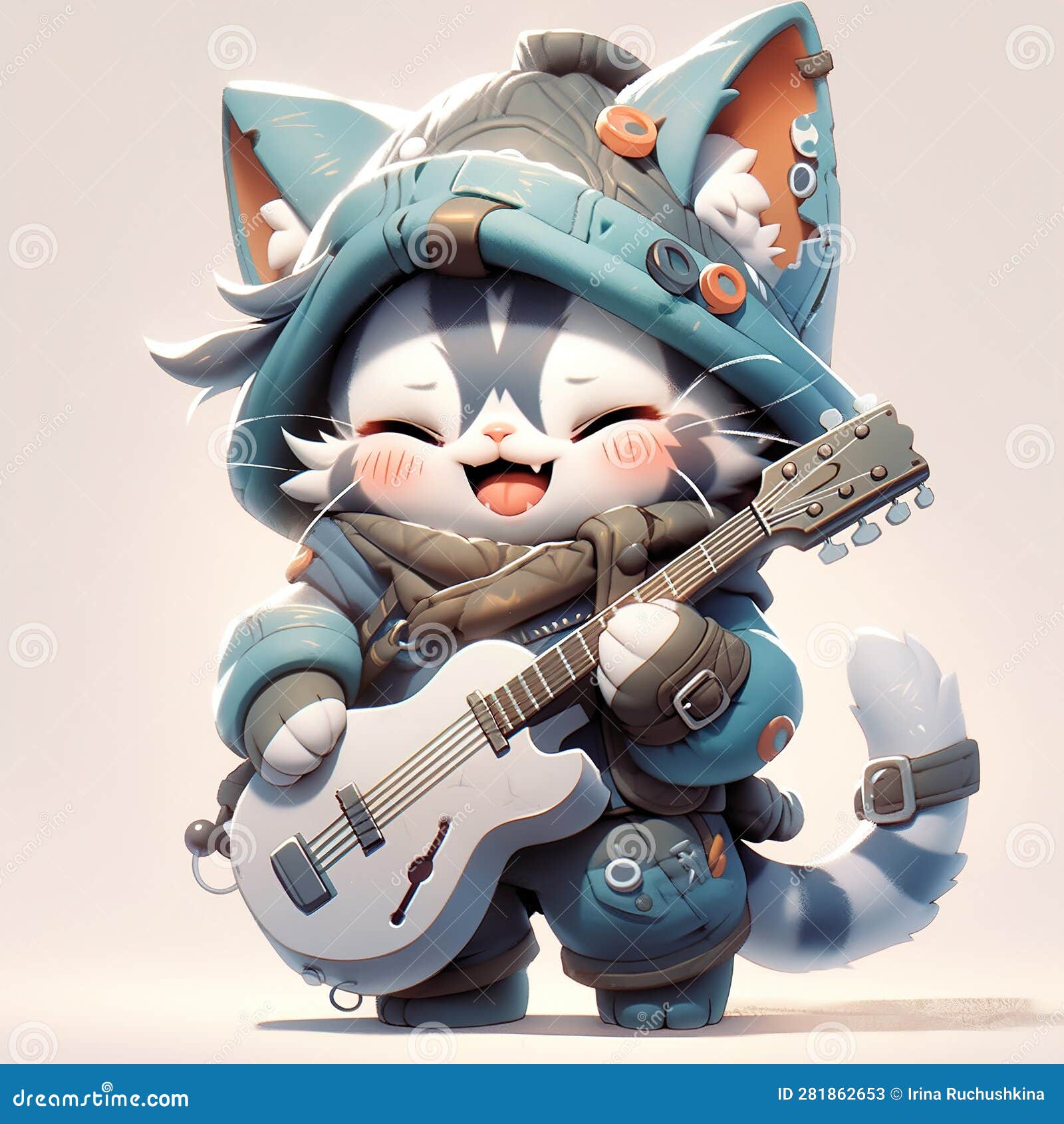 Cute Cat Cartoon Playing Guitar. Illustration. Generative AI Stock ...