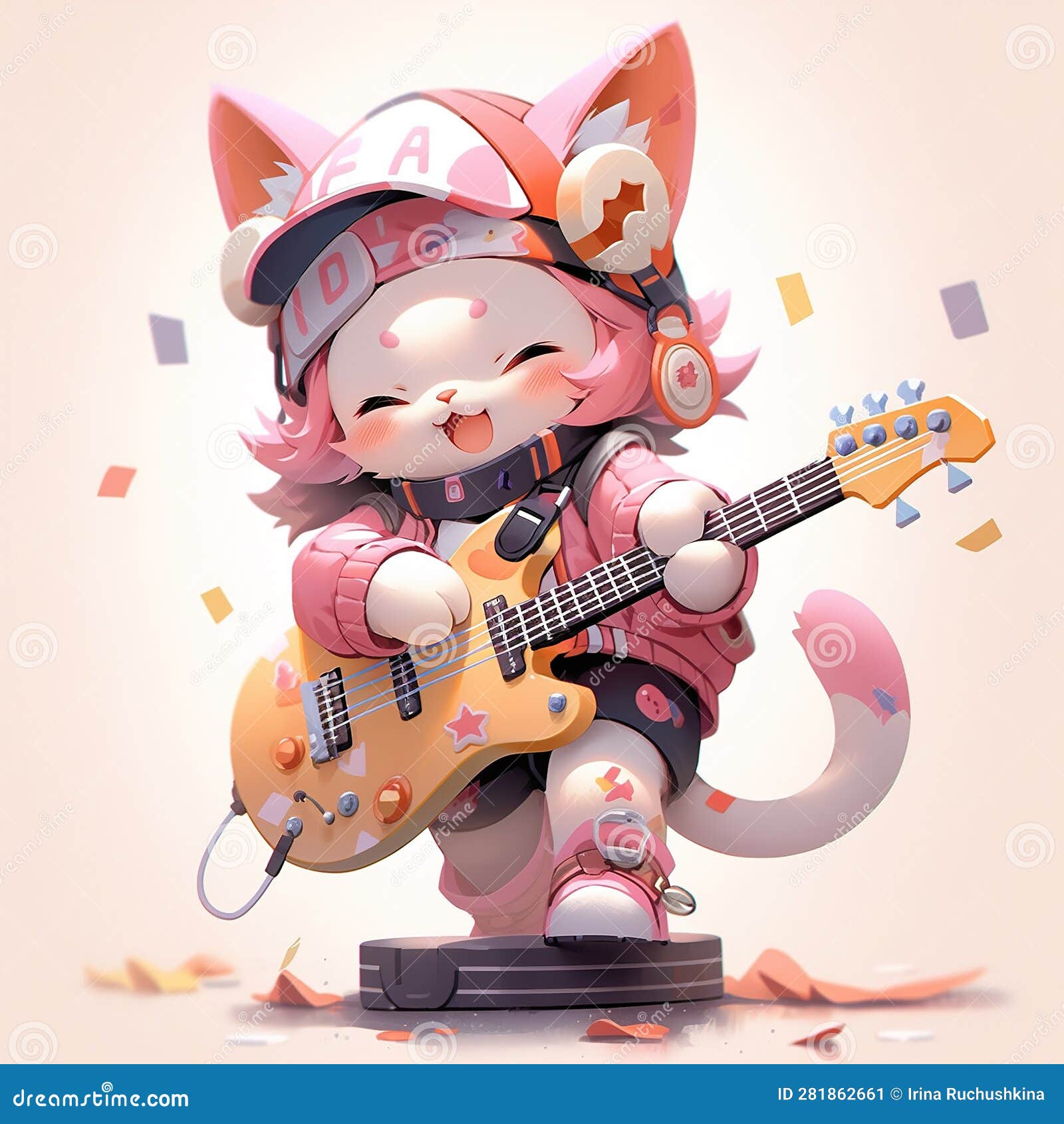 Cute Cat Cartoon Playing Guitar. Illustration. Generative AI Stock ...