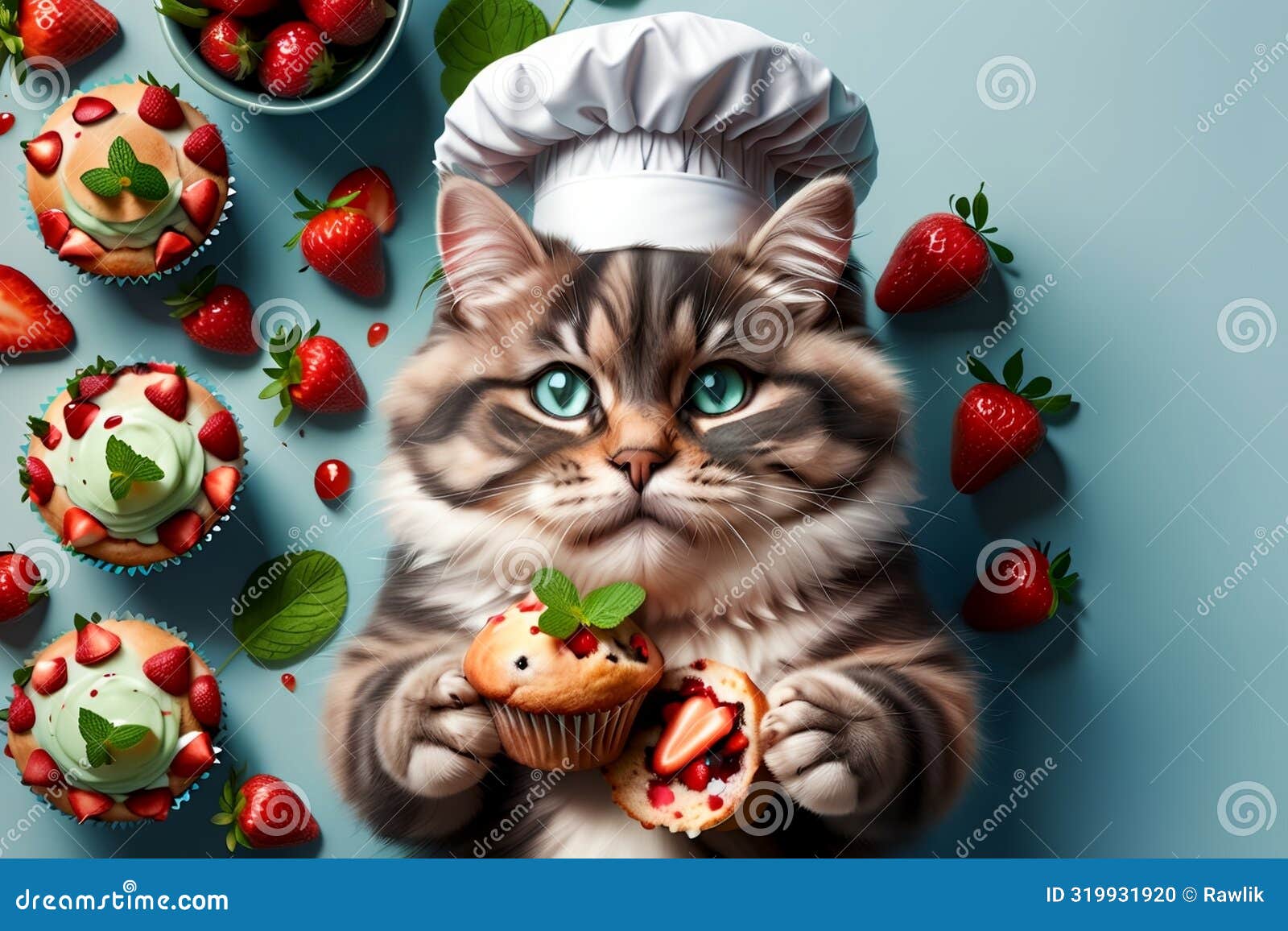 Cute Cat Chef with Berry Muffins, Top View Stock Photo - Image of view ...
