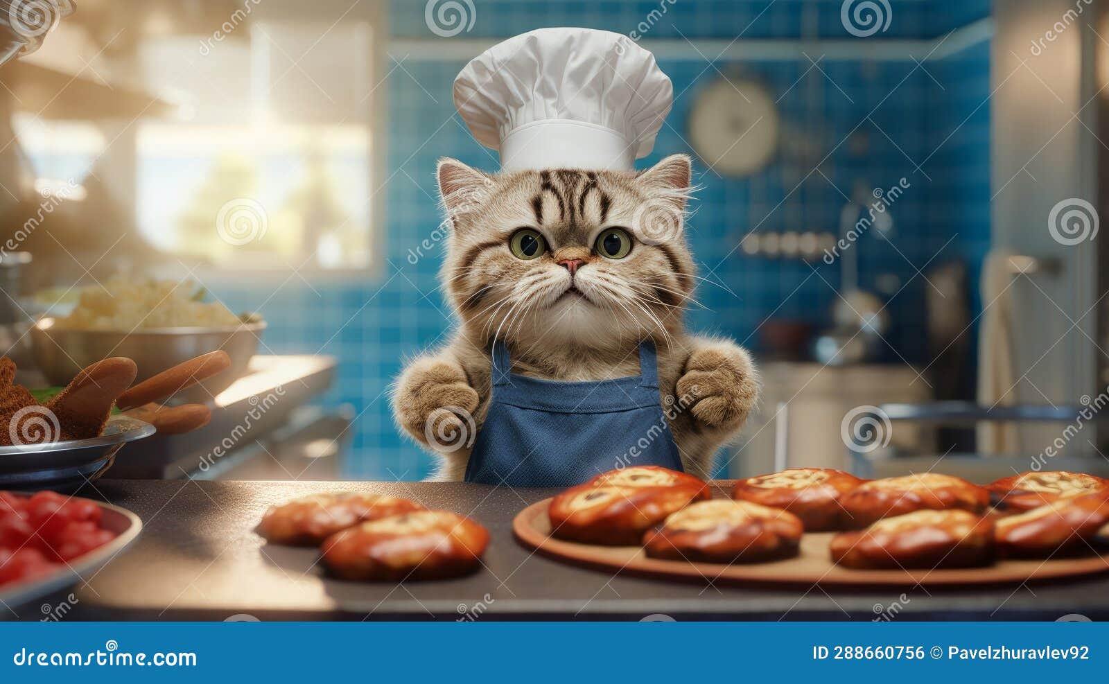 Cute Cat in Chef Hat and Apron with Buns in the Kitchen Stock Photo ...