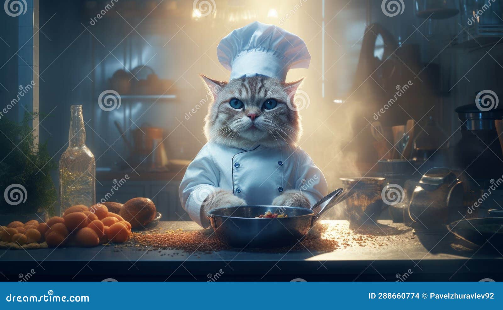 Cute Cat in Chef Hat and Apron Cooking Food in the Kitchen at Night ...