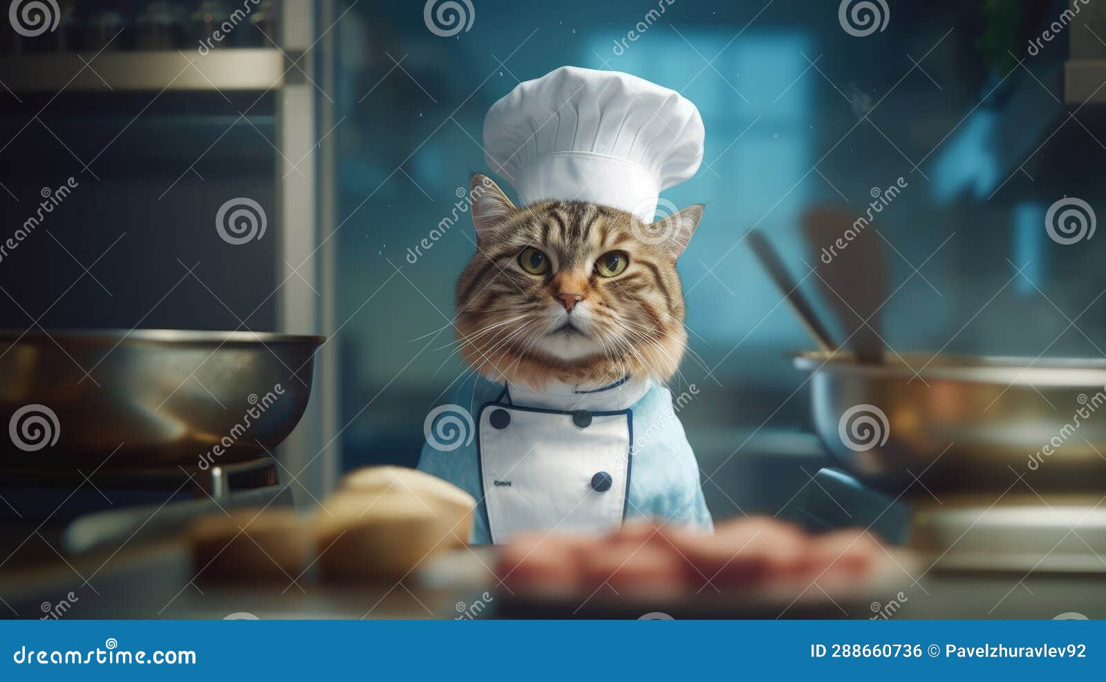 Cute Cat in Chef Hat and Apron Cooking in the Kitchen Stock Photo ...