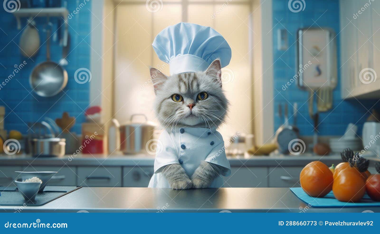 Cute Cat in Chef Hat Sitting on the Table in the Kitchen Stock ...
