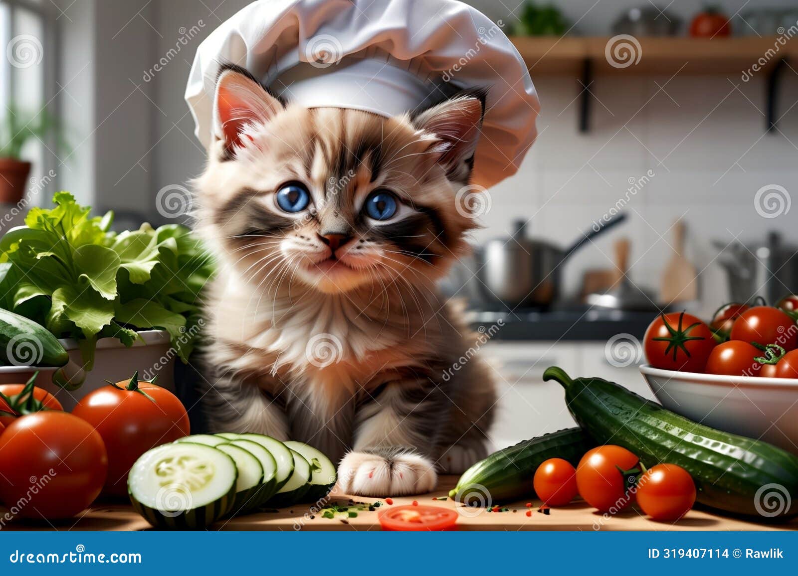 Cute Cat Chef Preparing Fresh Vegetable Salad in the Kitchen Stock ...