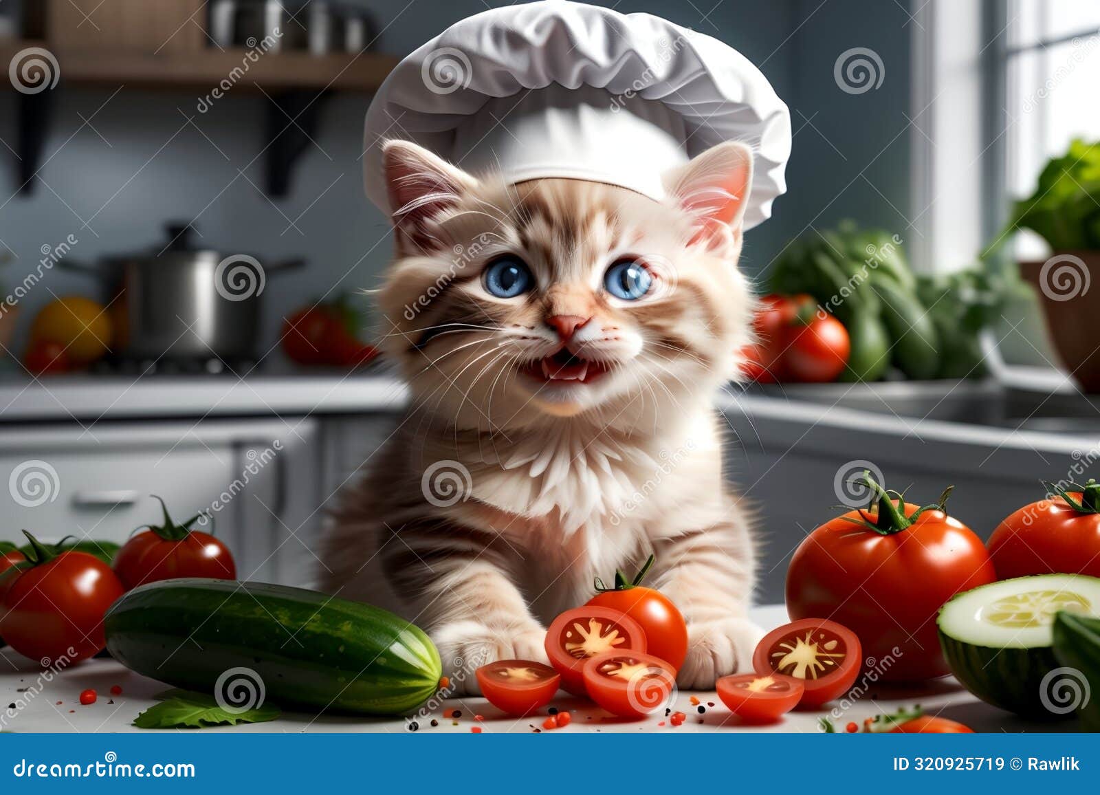 Cute Cat Chef Preparing Fresh Vegetable Salad in the Kitchen Stock ...