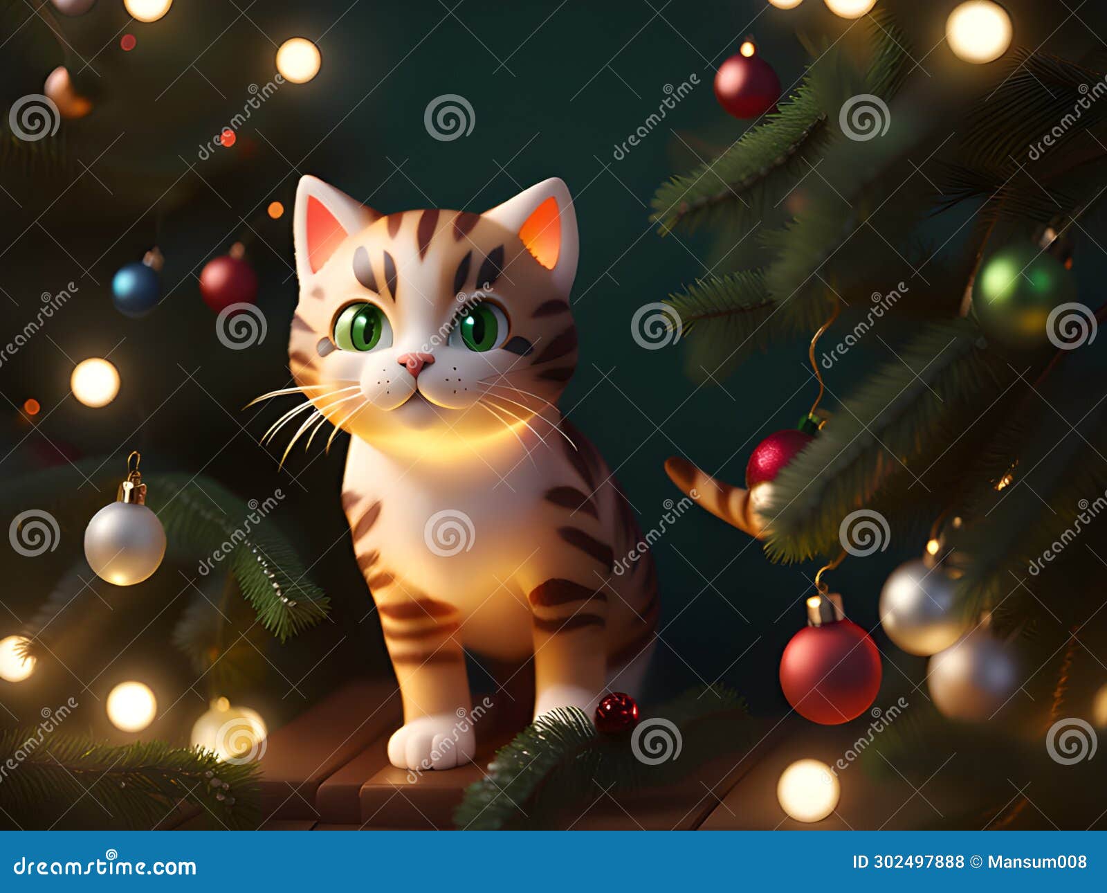 Cute Cat with Christmas Tree at Home Stock Illustration - Illustration ...