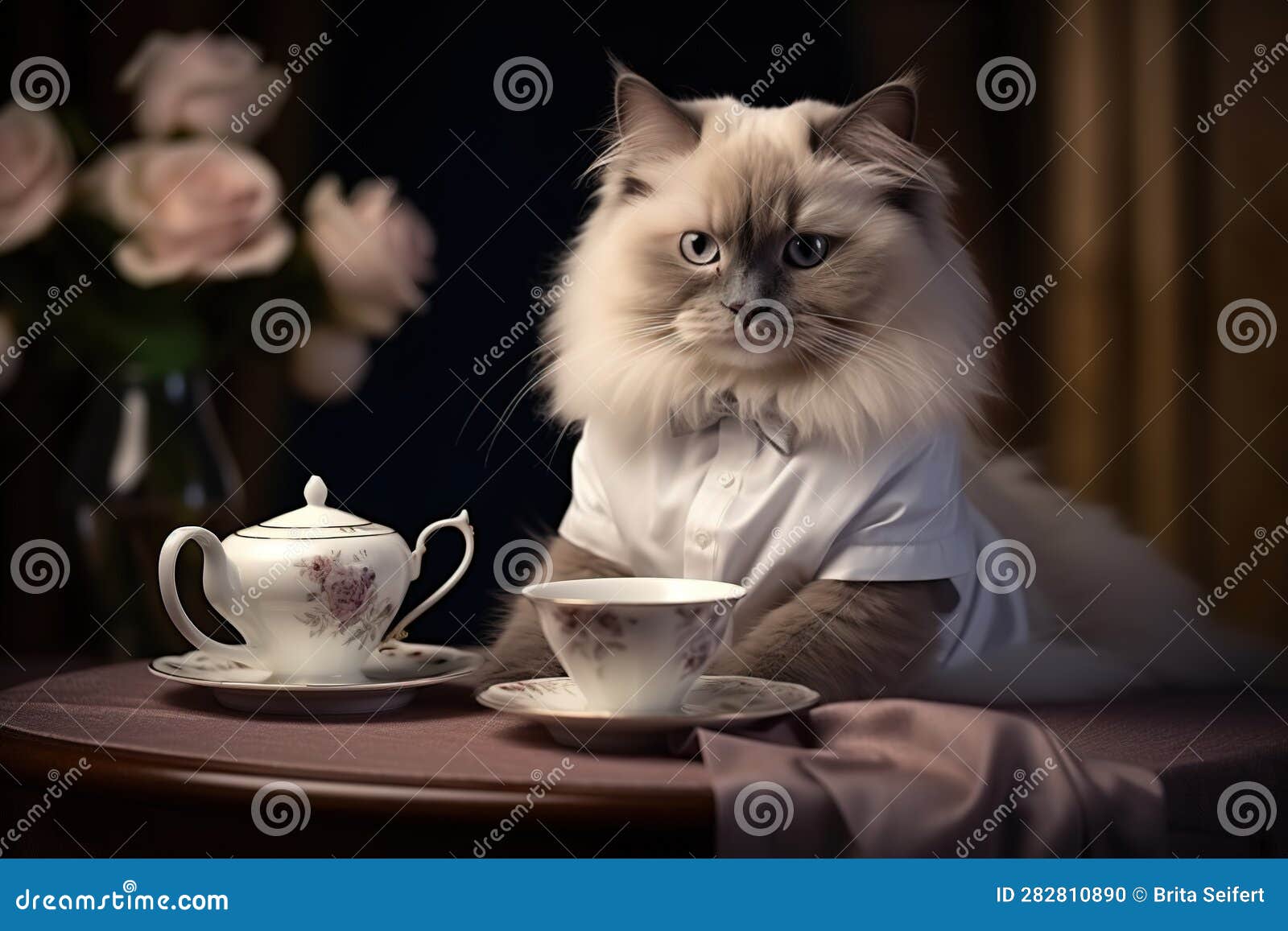Cute Cat at the Coffee Table. Generative AI Stock Illustration ...
