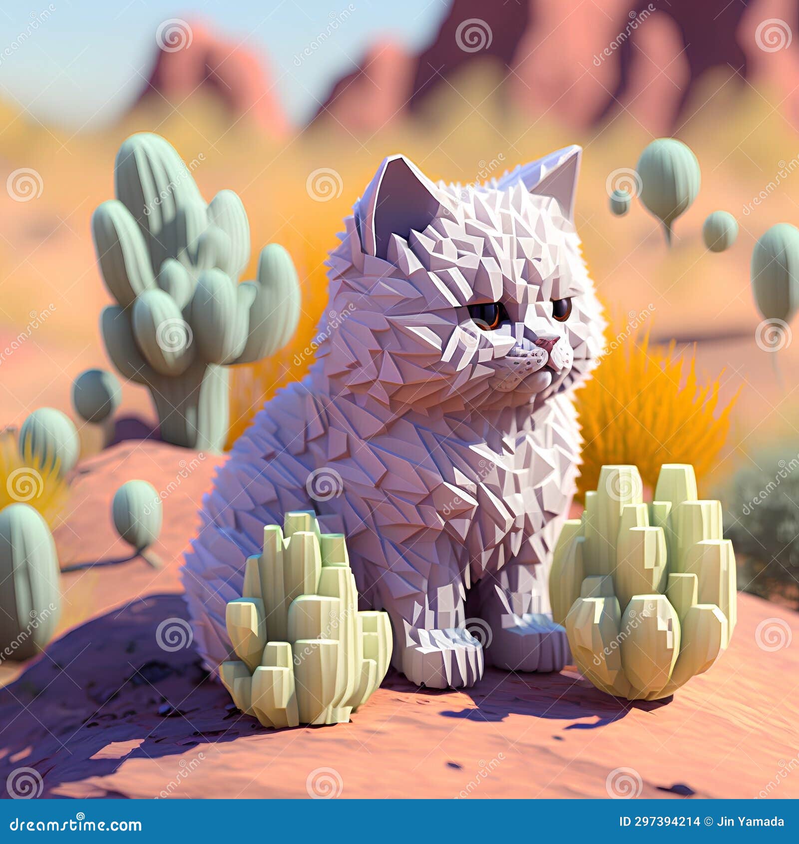 Cute Cat in the Desert with Cacti. 3d Rendering Stock Illustration ...