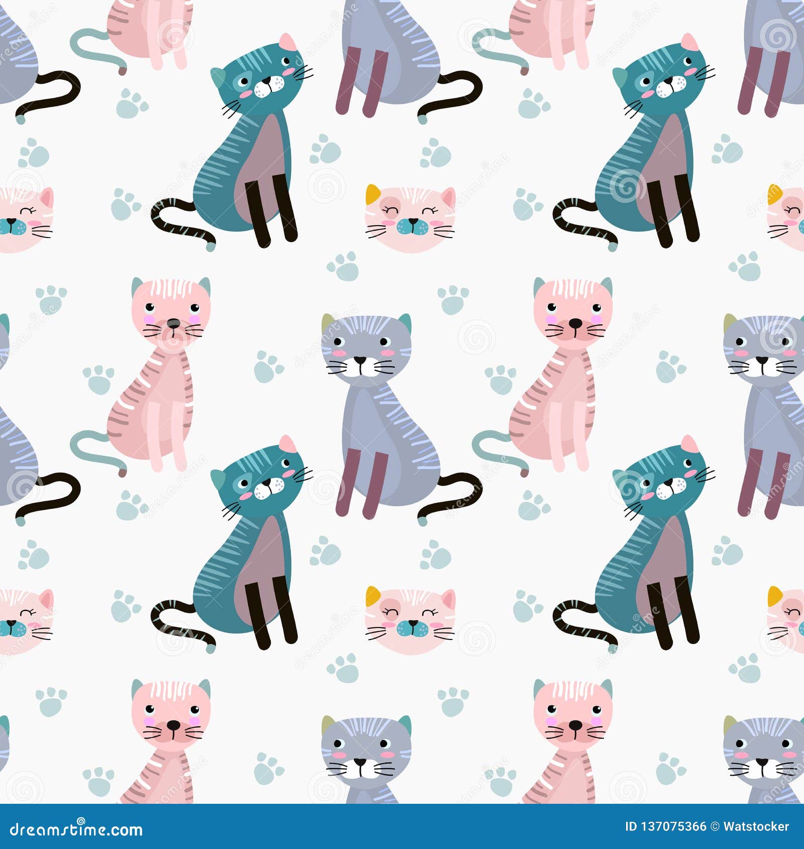 Cute Cat Design on Blue Background Seamless Pattern Stock Vector ...