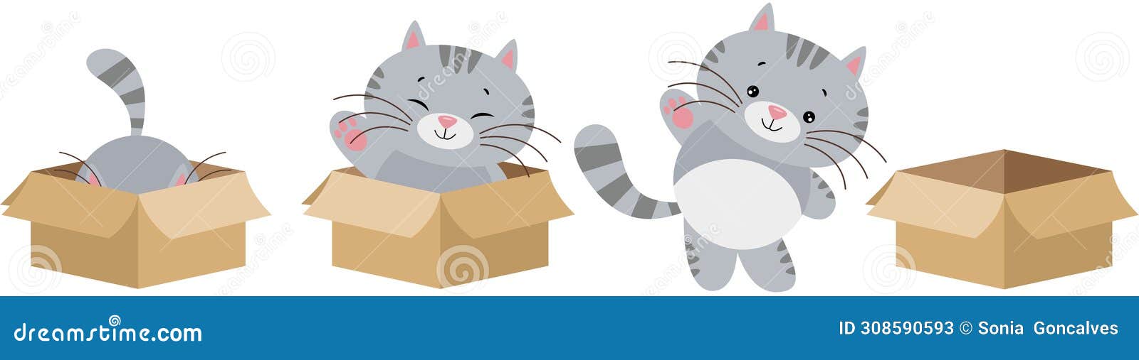 Cute Cat in Different Positions Going Out a Cardboard Box Stock Vector ...