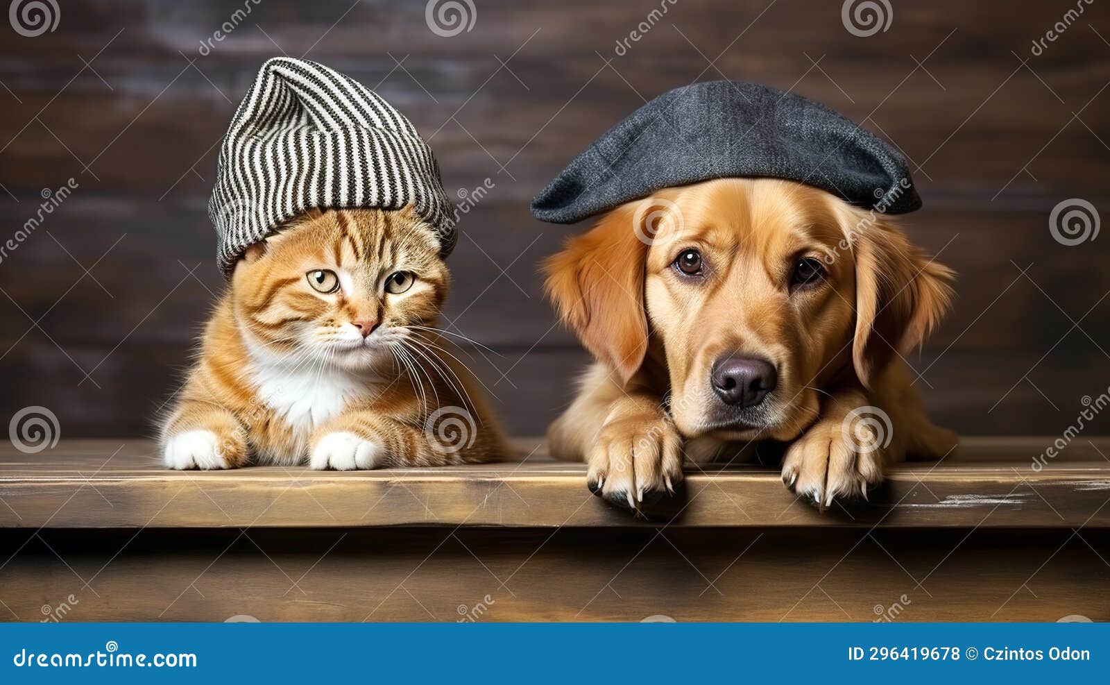 A Cute Cat and Dog in a Hat in a Studio Setting in Front of an Isolated ...