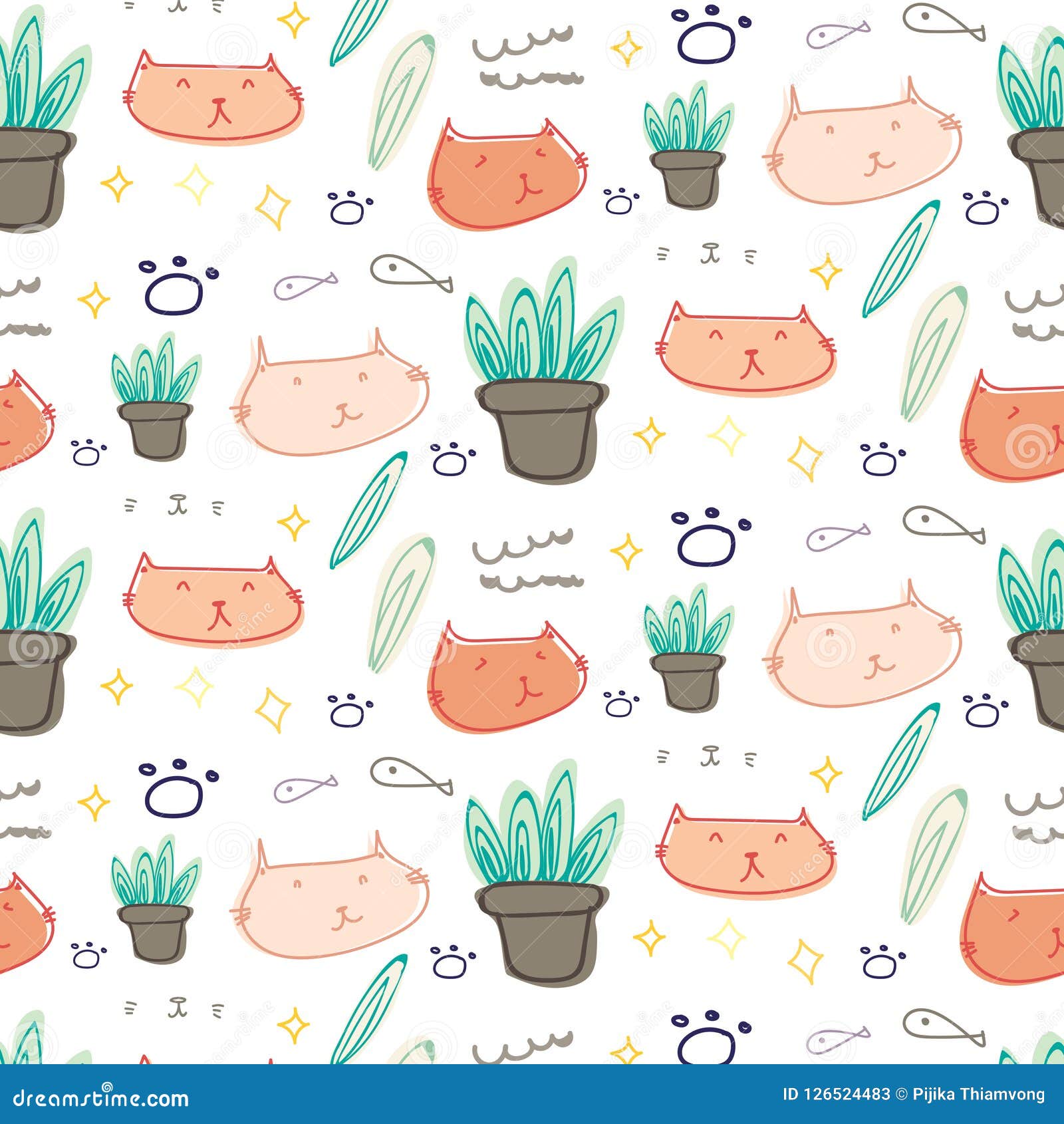 Cute Cat Doodle Pattern Background. Stock Vector - Illustration of face ...