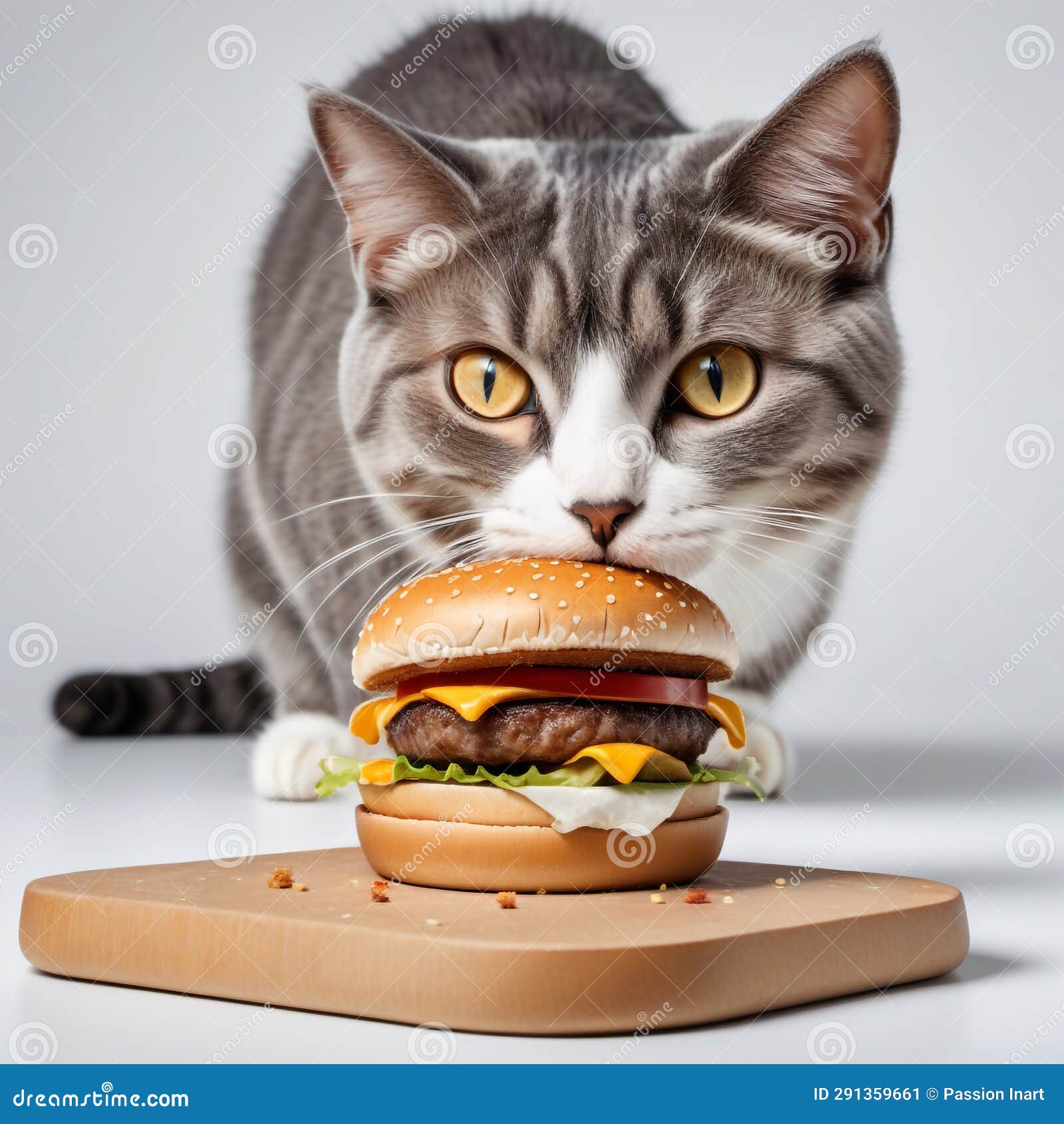 Cute cat eating burger stock illustration. Illustration of animal ...