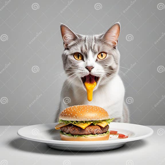 Cute cat eating burger stock illustration. Illustration of lunch ...